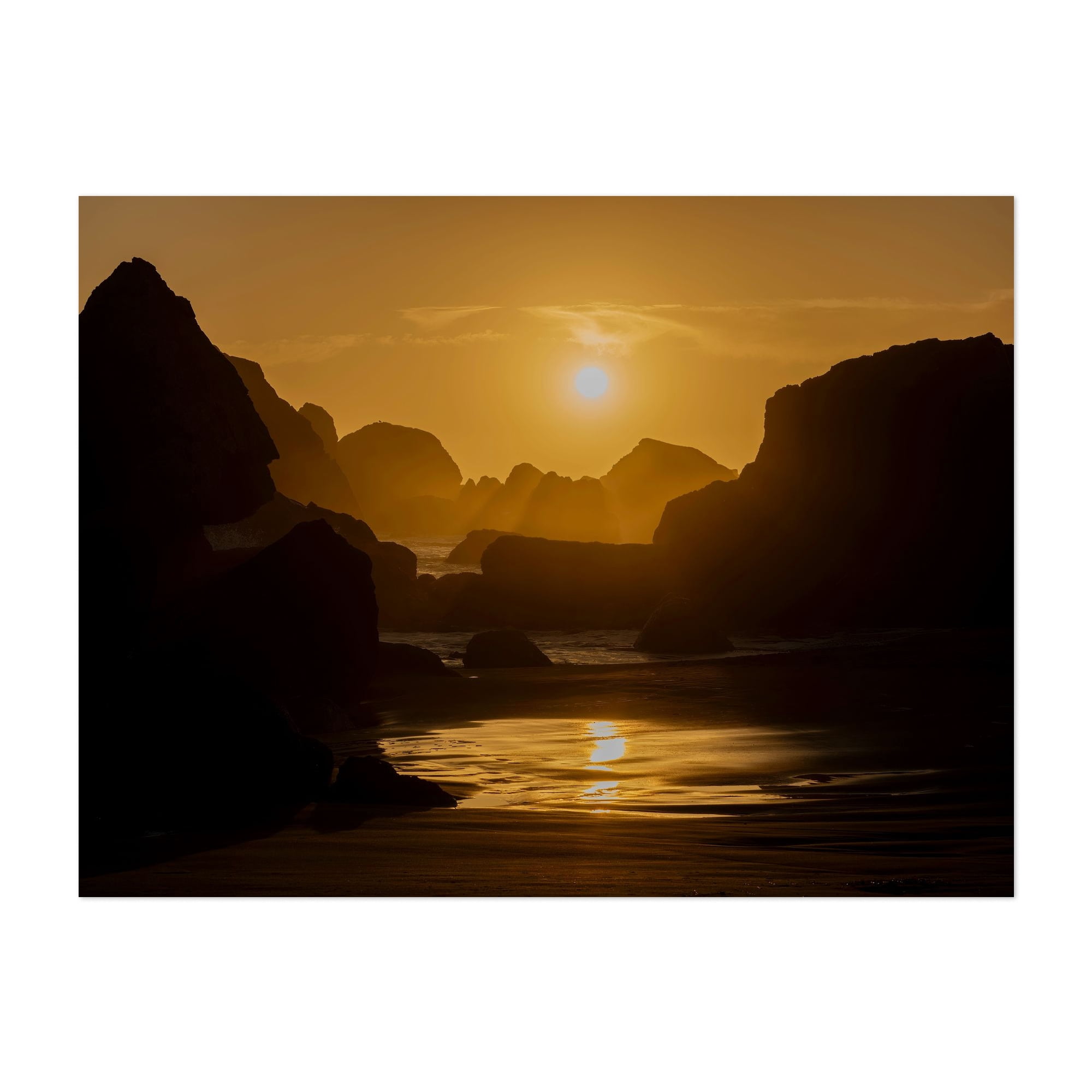 Sunset light softly illuminates rugged coastal formations - Oregon ...