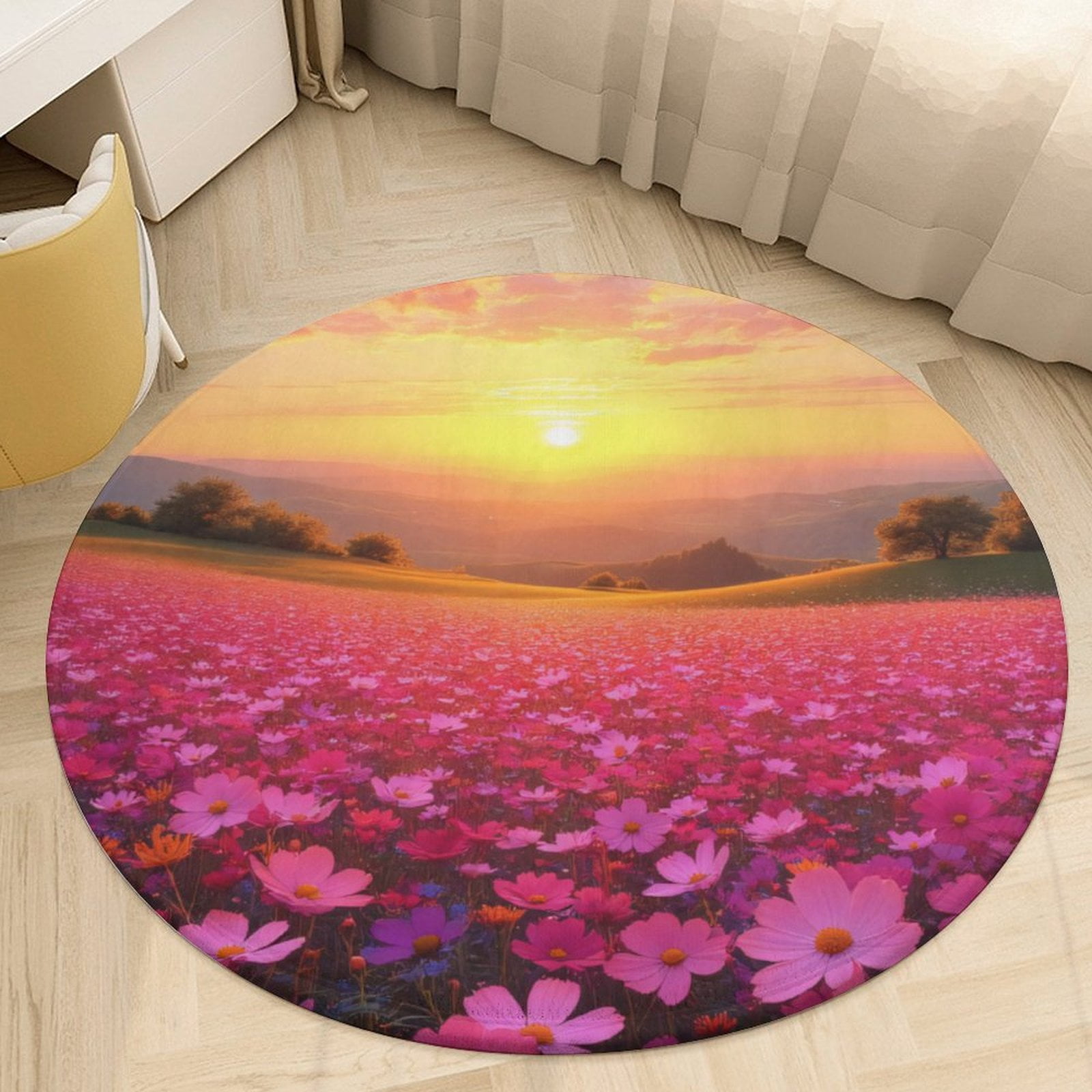 Sunset over Pink Flower Field Round Area Rugs for Bedroom Living Room ...