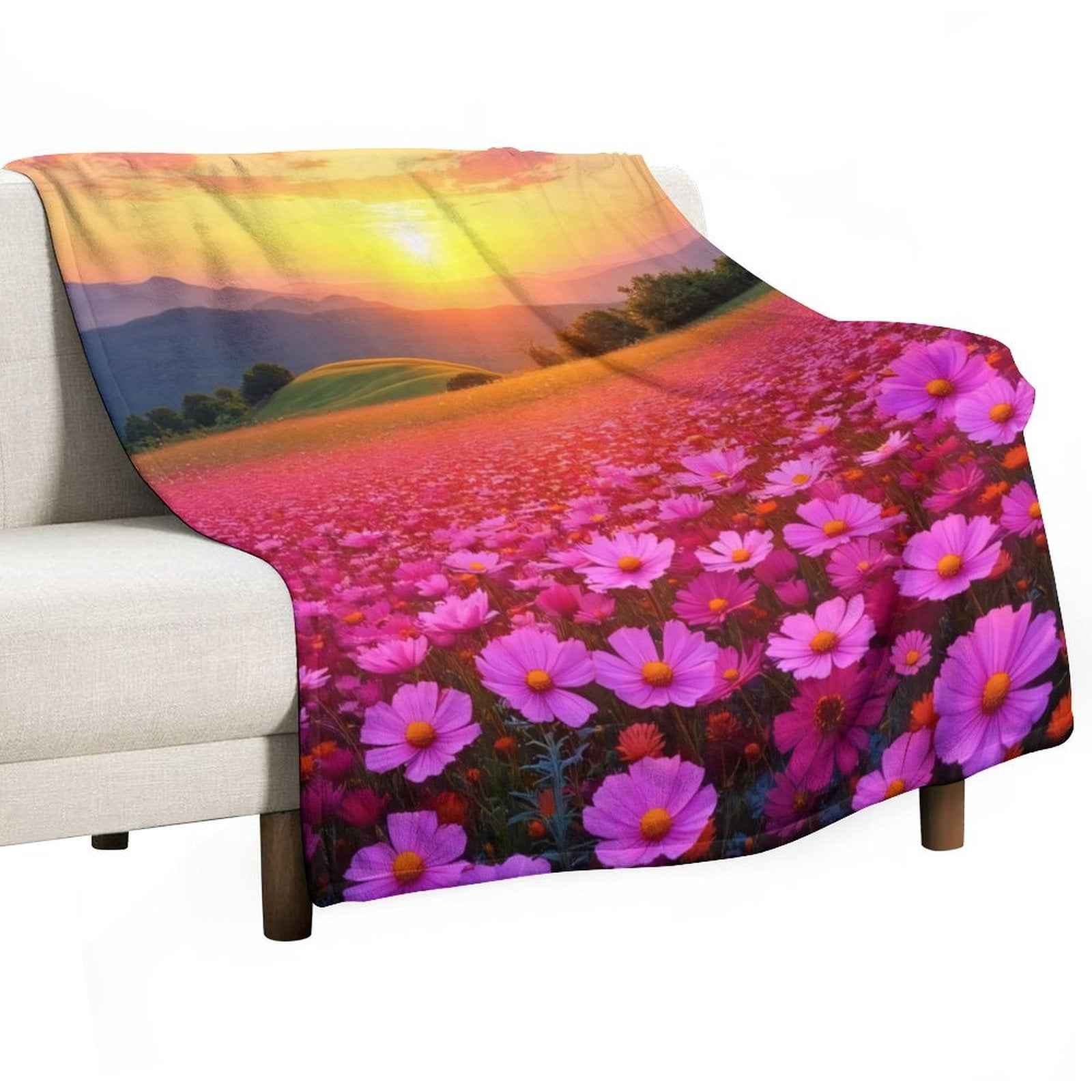 Sunset over Pink Flower Field Throws Blankets for Sofa Bed Winter Plush ...