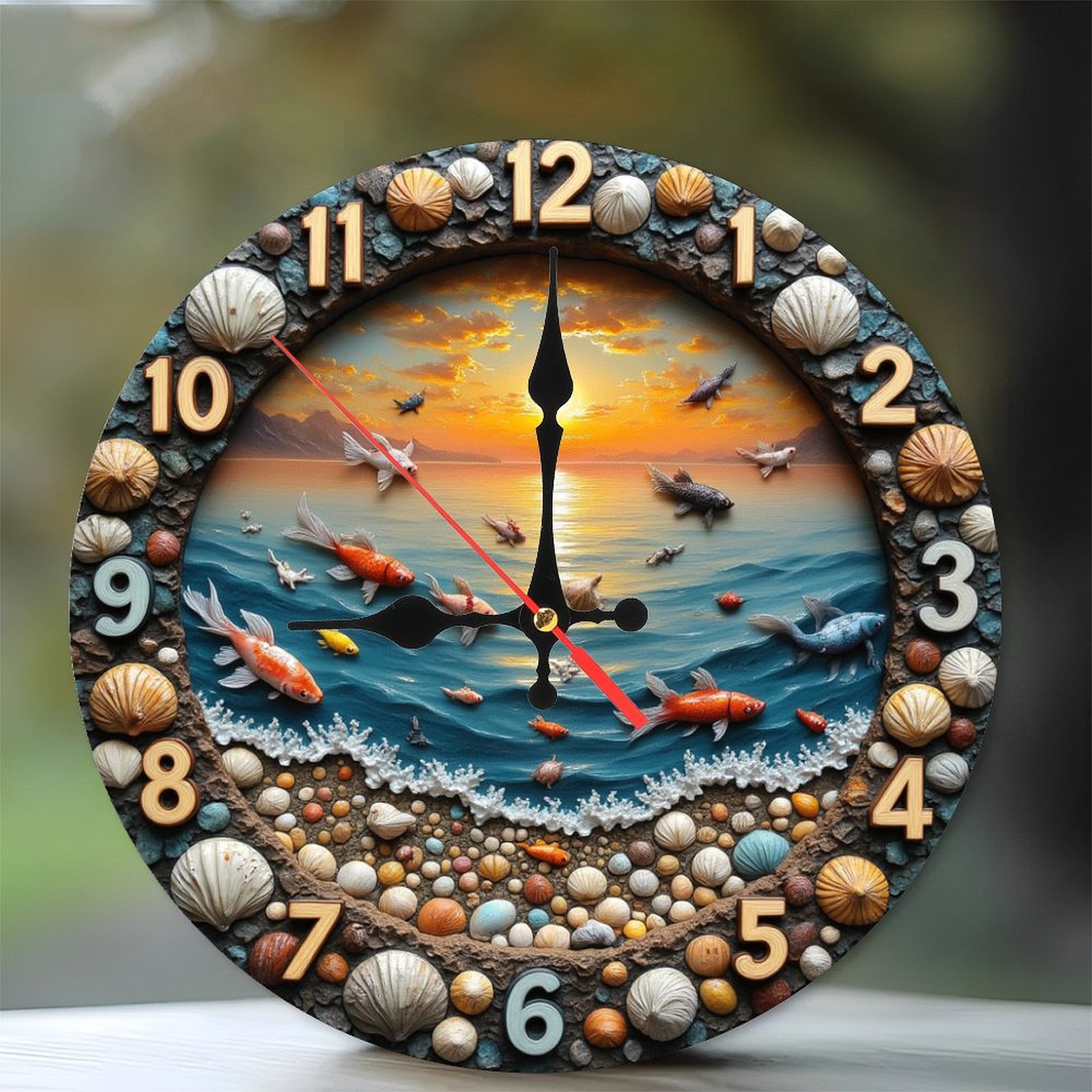 Sunsetseascapeoceanfishclockwallart 10-Inch Silent Wooden Wall Clock ...