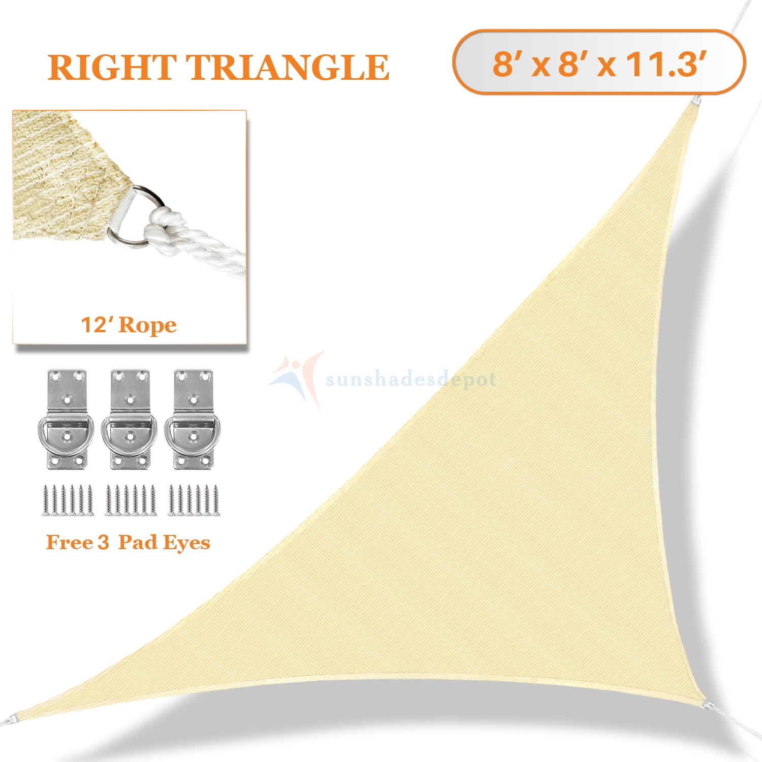 Sunshades Depot 8' x 8' x 11.3' Sun Shade Sail Right Triangle Permeable ...