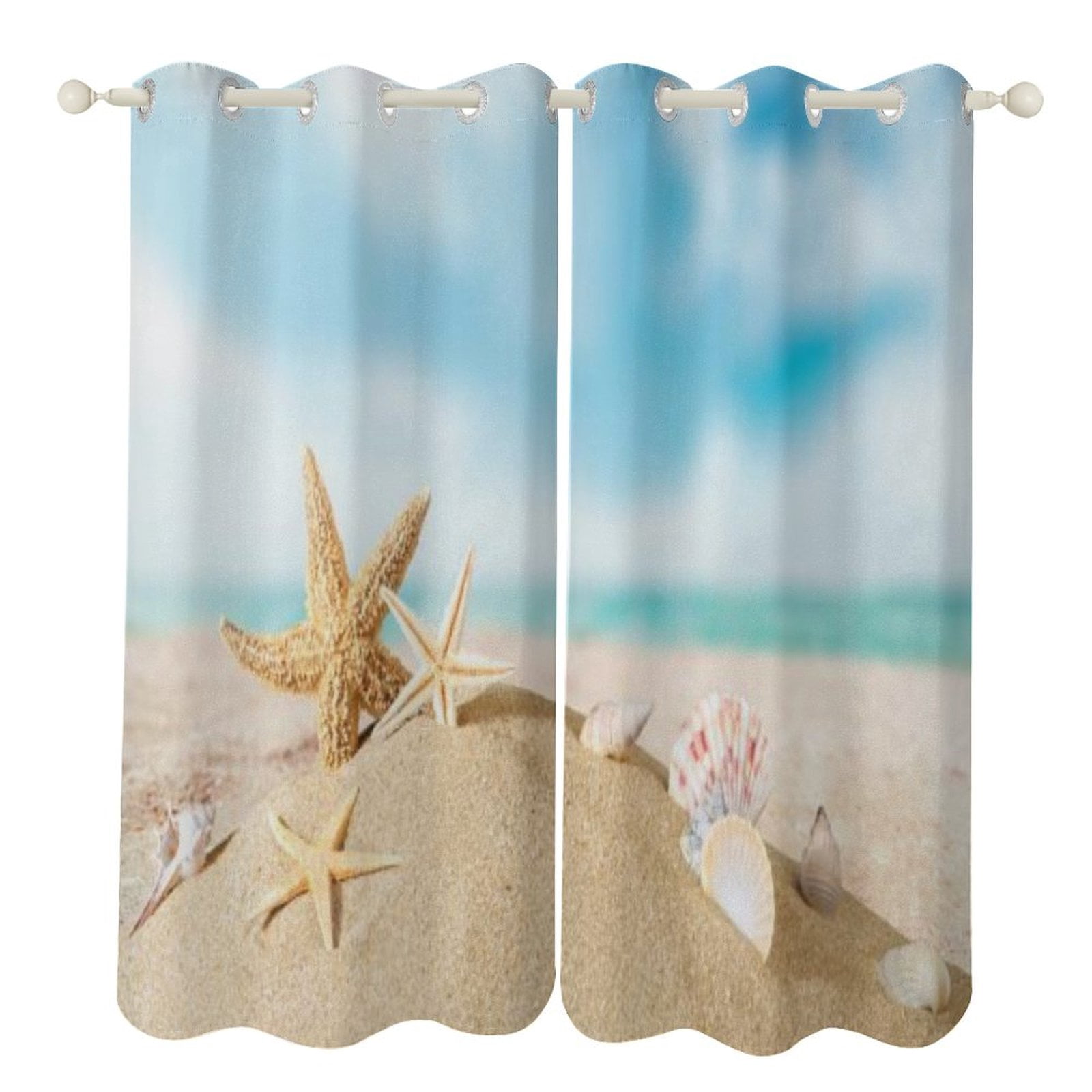 Sunshine Beach Starfish 2 Panel Curtain Set, Watercolor Painting Window ...