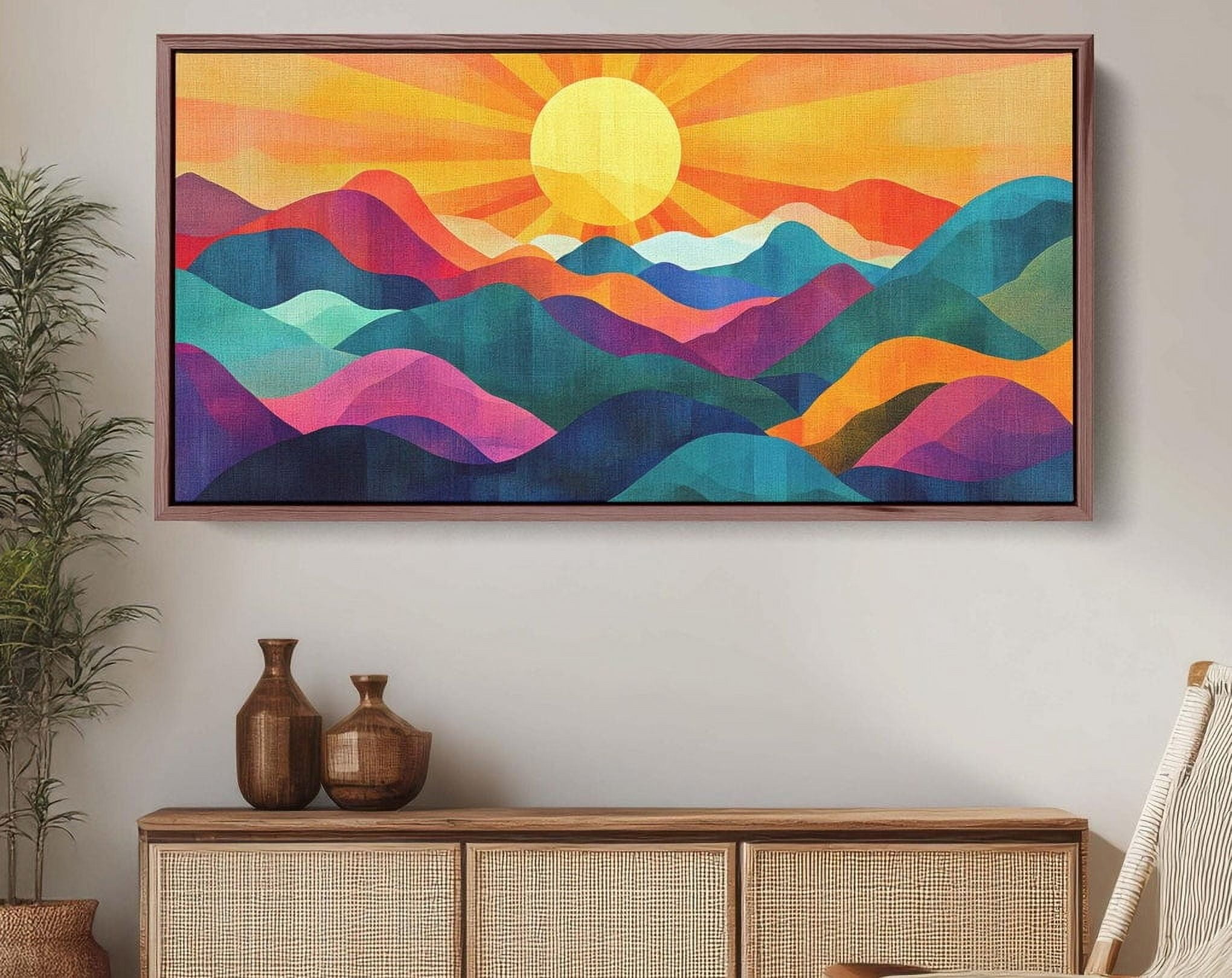 Sunshine Mountain, Print, Sunset Decor, Flat Art, Vibrant Color, Bold ...