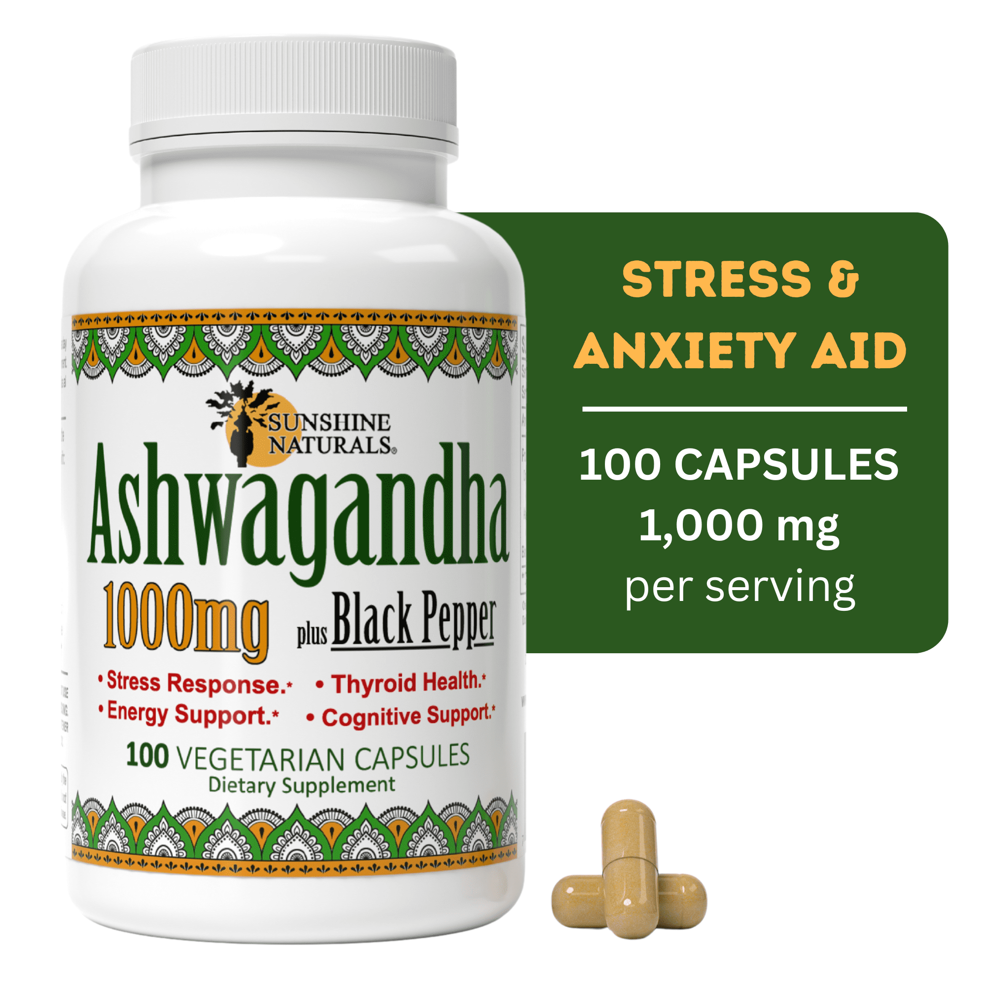 Sunshine Naturals Ashwagandha with Black Pepper, Stress Relief ...