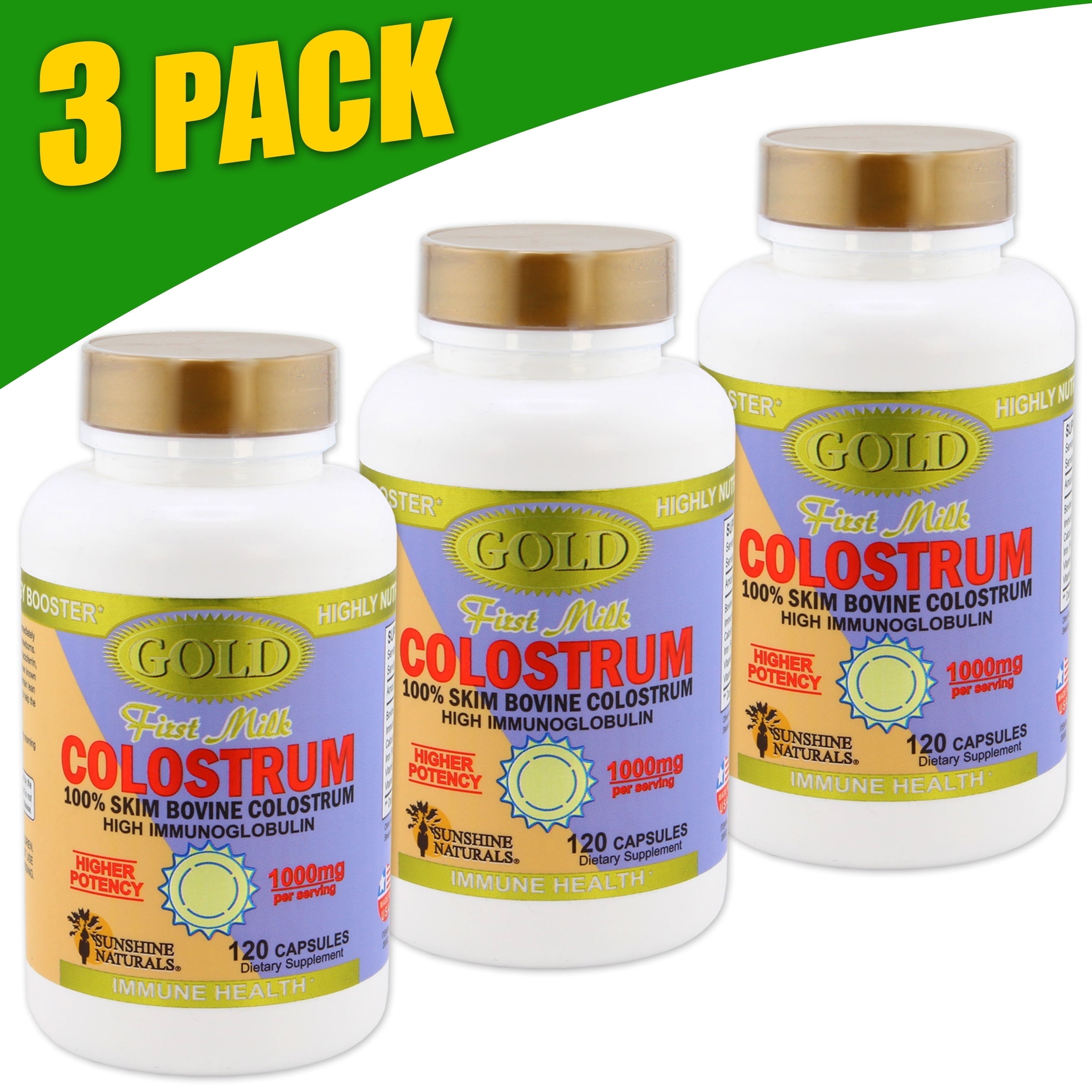 Sunshine Naturals Colostrum Gold, 3 PACK Dietary Supplement, 360 ...