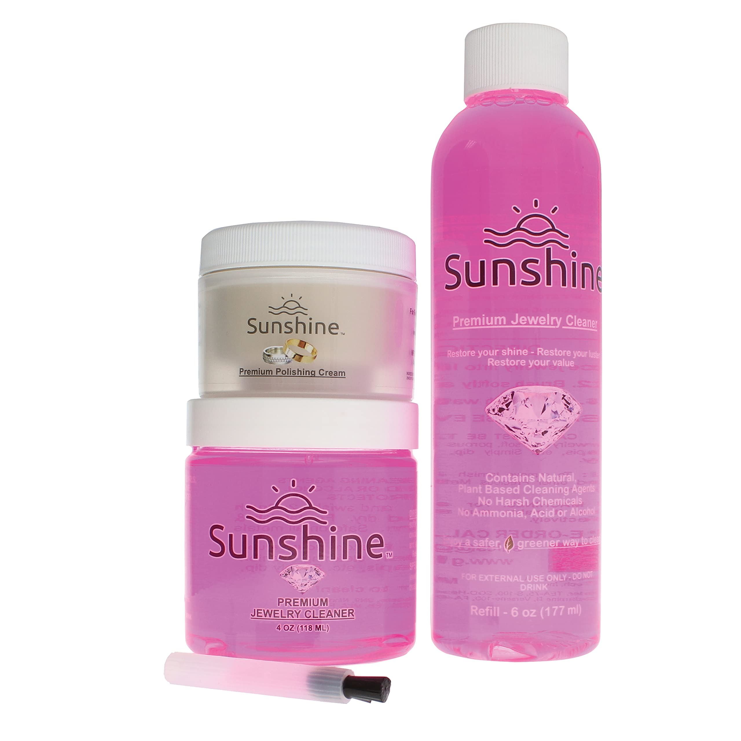 Sunshine Premium Jewelry Cleaner - 4oz with Brush, 6oz Refill, 1.5oz ...