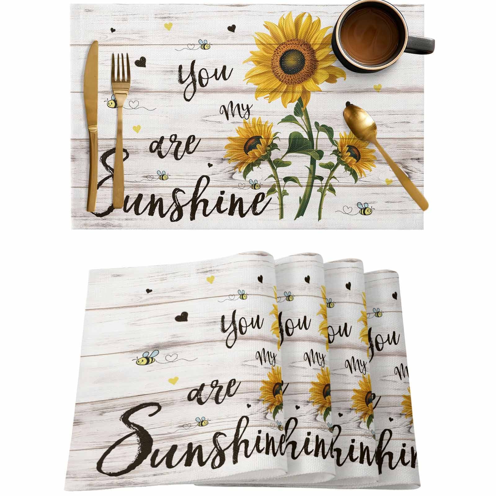 Sunshine Sunflower Bee Love Placemats Set of 4,Wipeable Washable Table ...