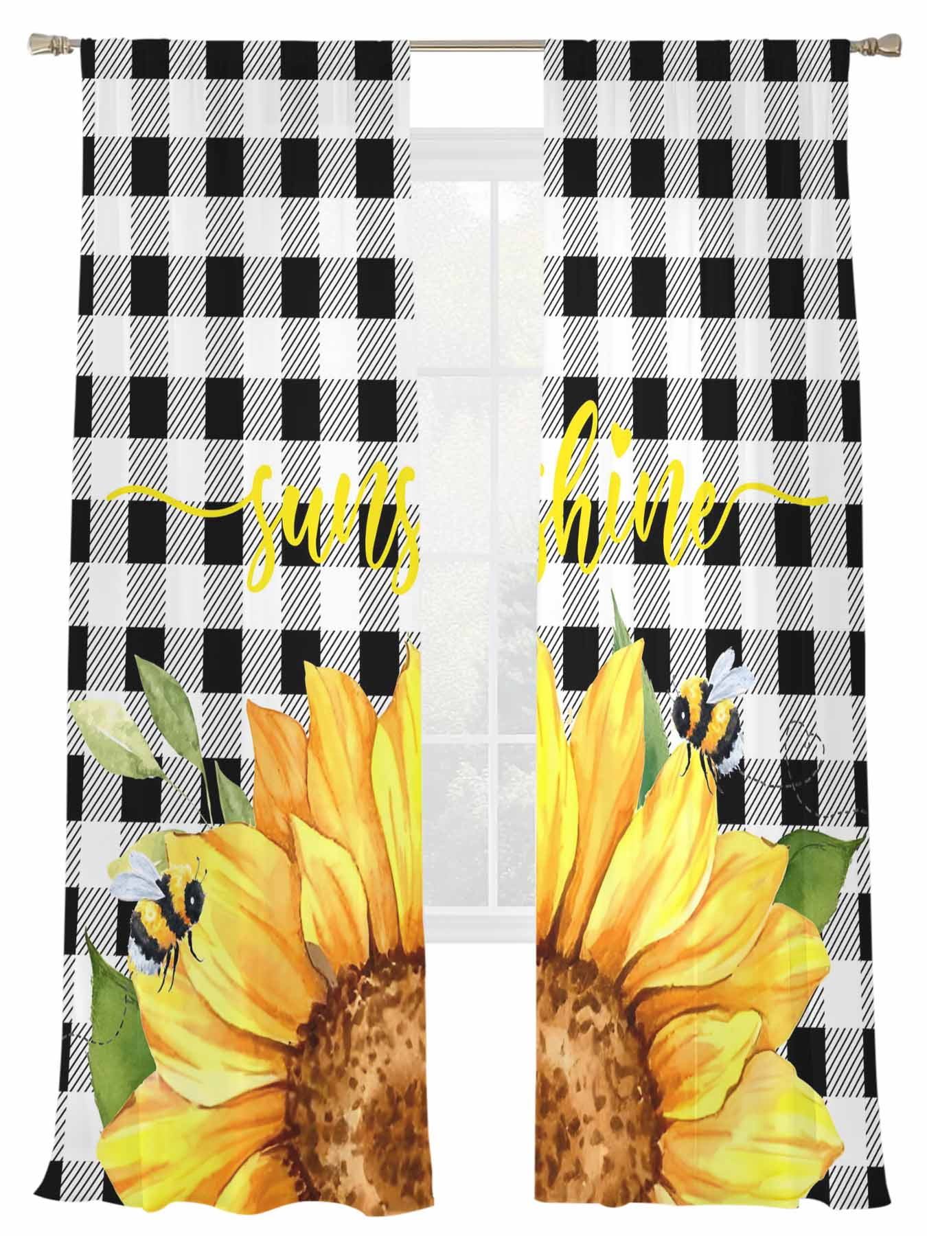 Sunshine Watercolor Sheer Curtains 2 Panels Set Sunflowers Bees Black ...