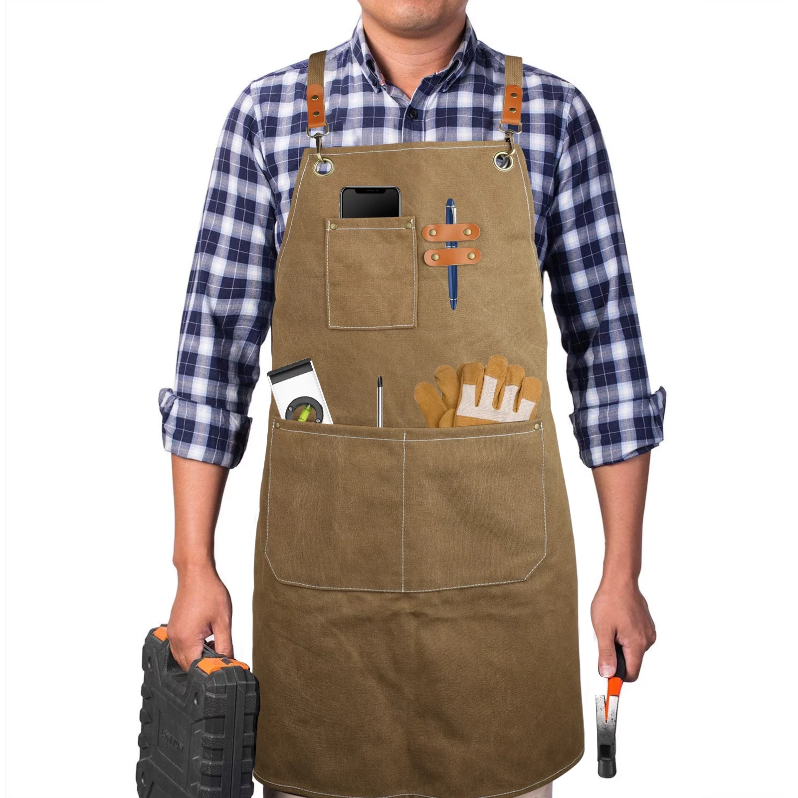 SunshineFace Worked Canvas Chef Apron, Heavy Duty Work Apron for Men ...