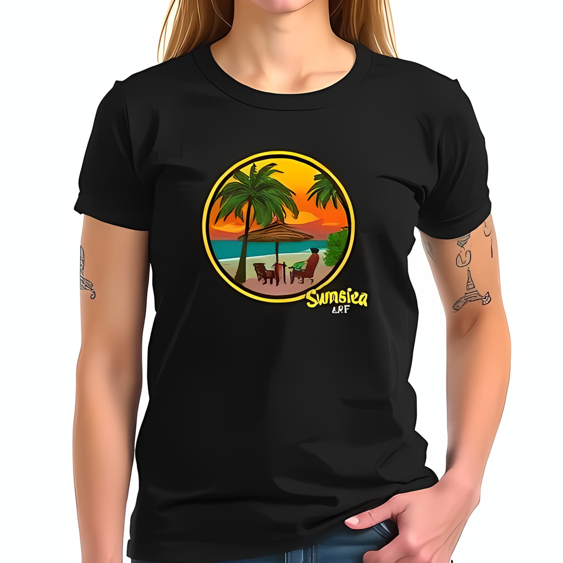 Sunsiea Beach Scene Graphic T-Shirt for Women - Relaxing Sunset Design ...