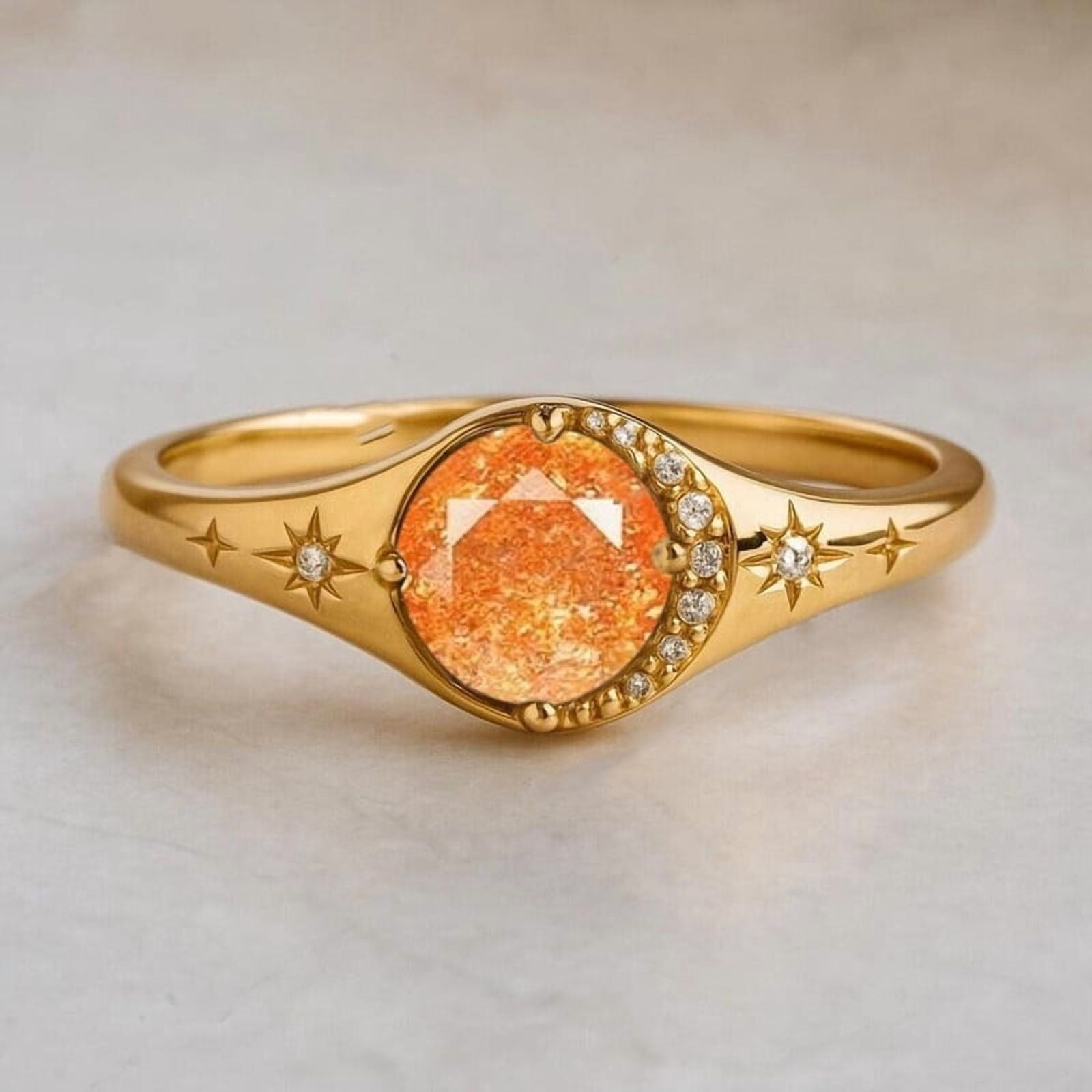 Sunstone & Diamond Engagement Ring, Moon Crescent Diamond Wedding Ring ...