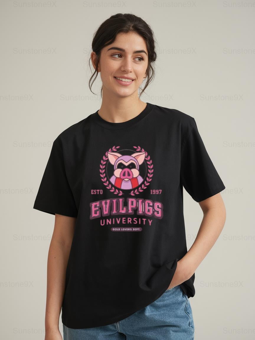 Sunstone9X Evil Pigs University T Shirt with Dark Humor and Satire ...