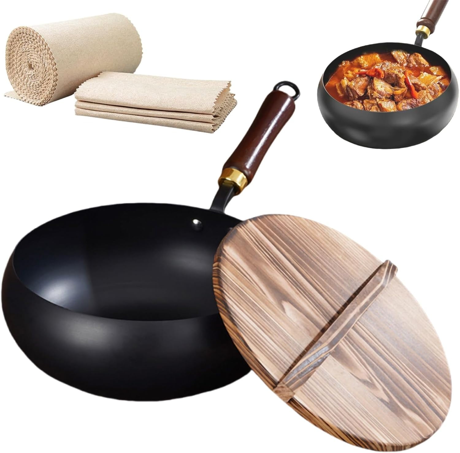 Suntuup Japanese Iron Pan, 7.87-11.81 inch Uncoated Iron Pan with Lid, No Chemical Coated Flat ...