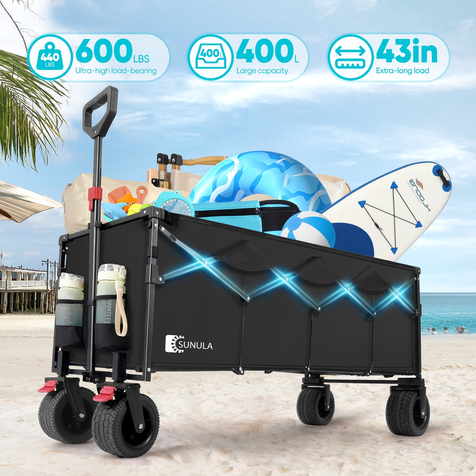 Sekey Collapsible Beach Wagon, Heavy Duty Folding Utility Cart, 330lbs ...
