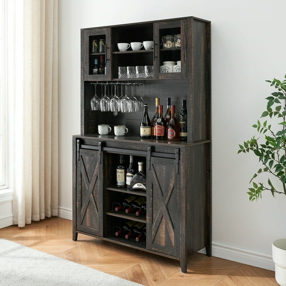 Sunvasagoo 70" Farmhouse Wine Coffee Bar Cabinet w/ Sliding Barn Doors ...