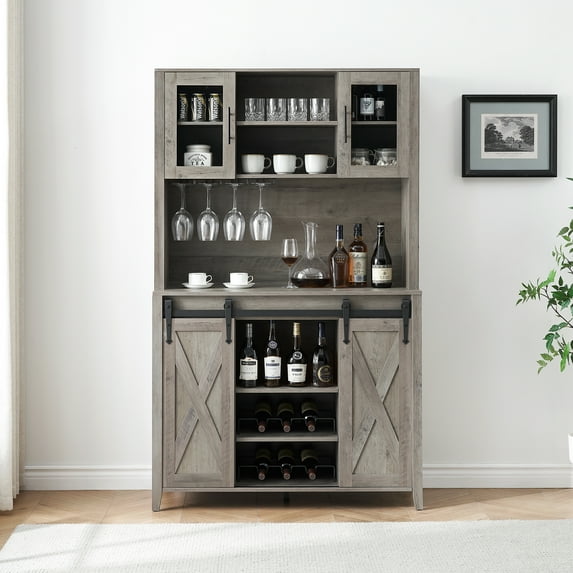 Sunvasagoo 70" Farmhouse Wine Coffee Bar Cabinet w/ Sliding Barn Doors ...