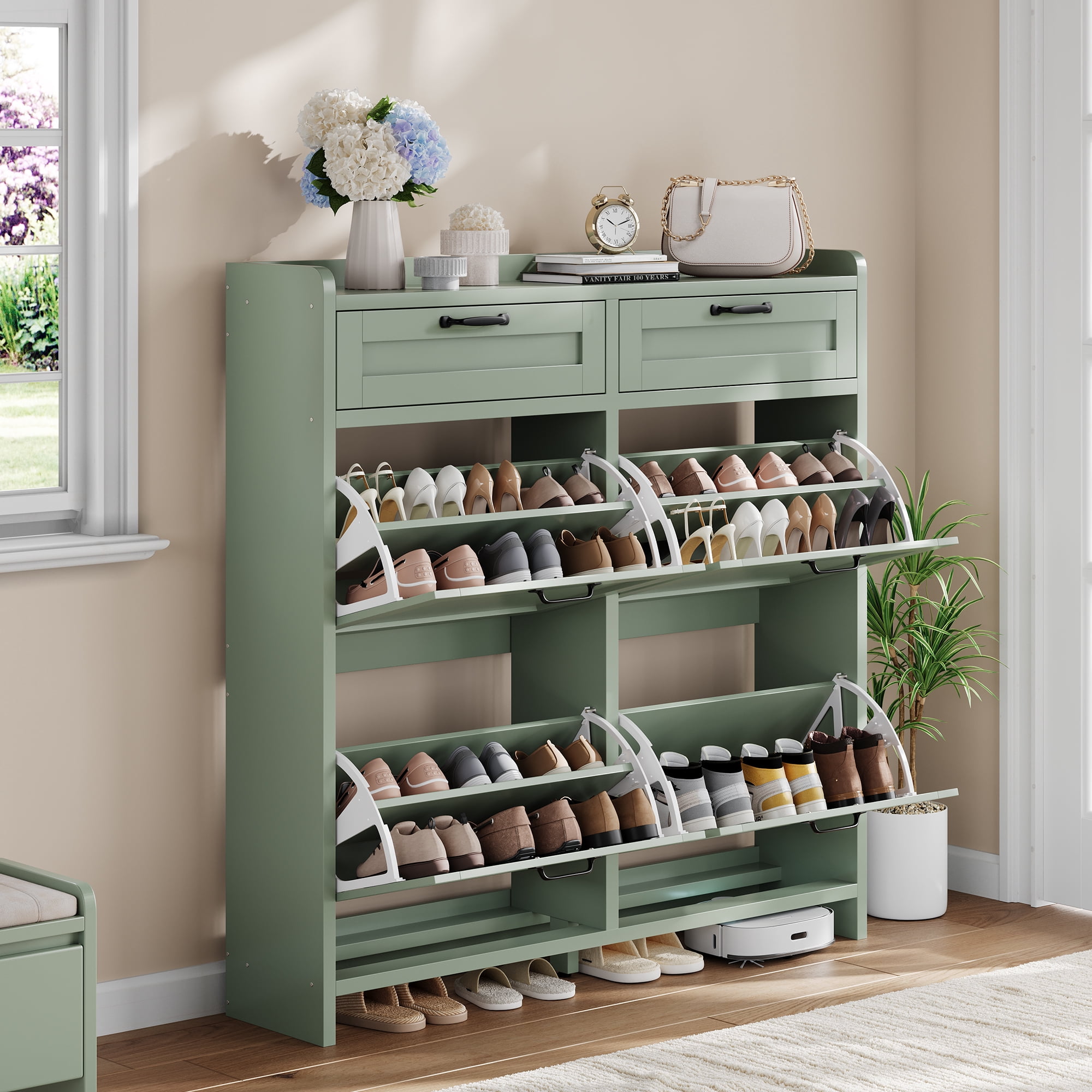 Sunvasagoo Shoe Cabinet with 4 Flip Drawers & 2 Top Drawers, Wooden ...