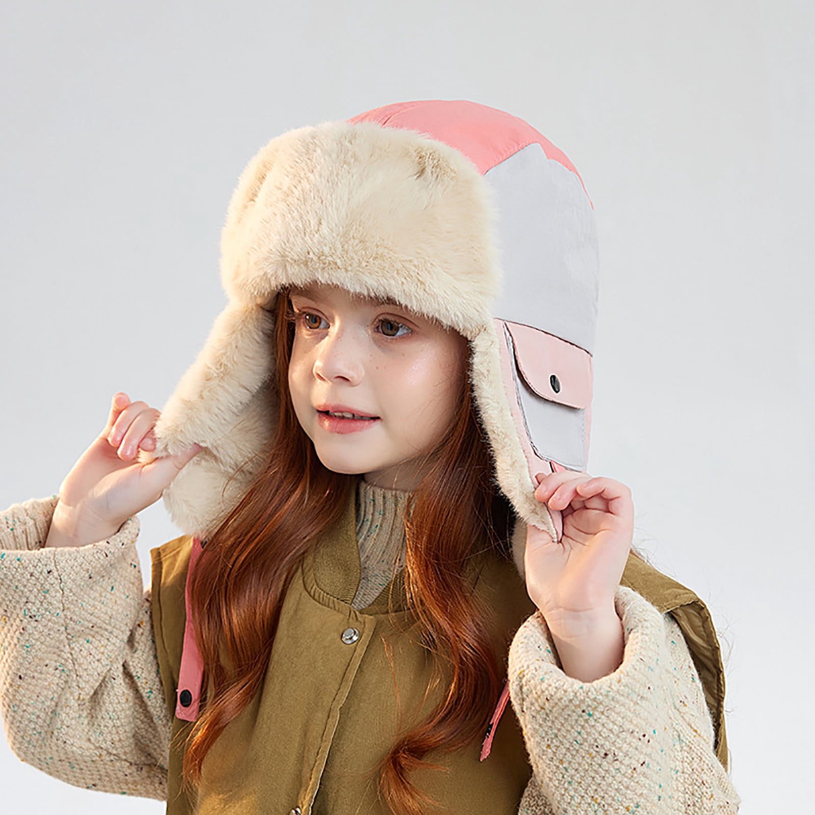 VONCOS Warm Kids Unisex Trapper Hat - Pink Color Block, Plush Faux Faux ...