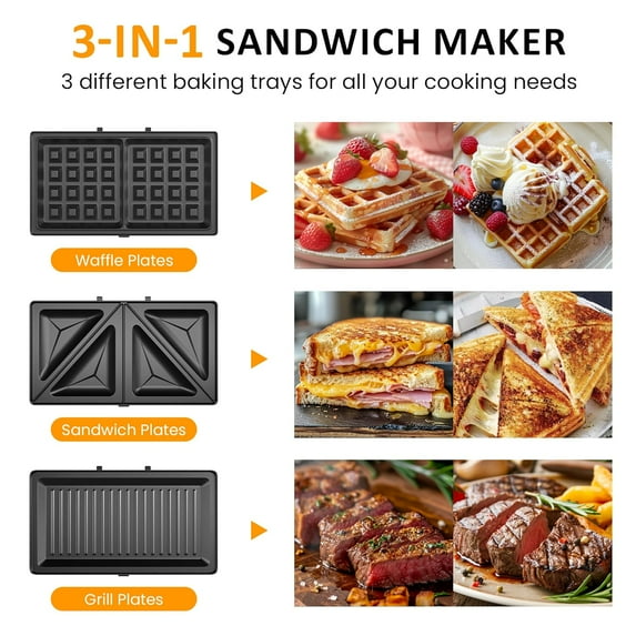 Sunvivi Pro Sandwich Maker Press Grill, 3 in 1 Electric Waffle Maker ...