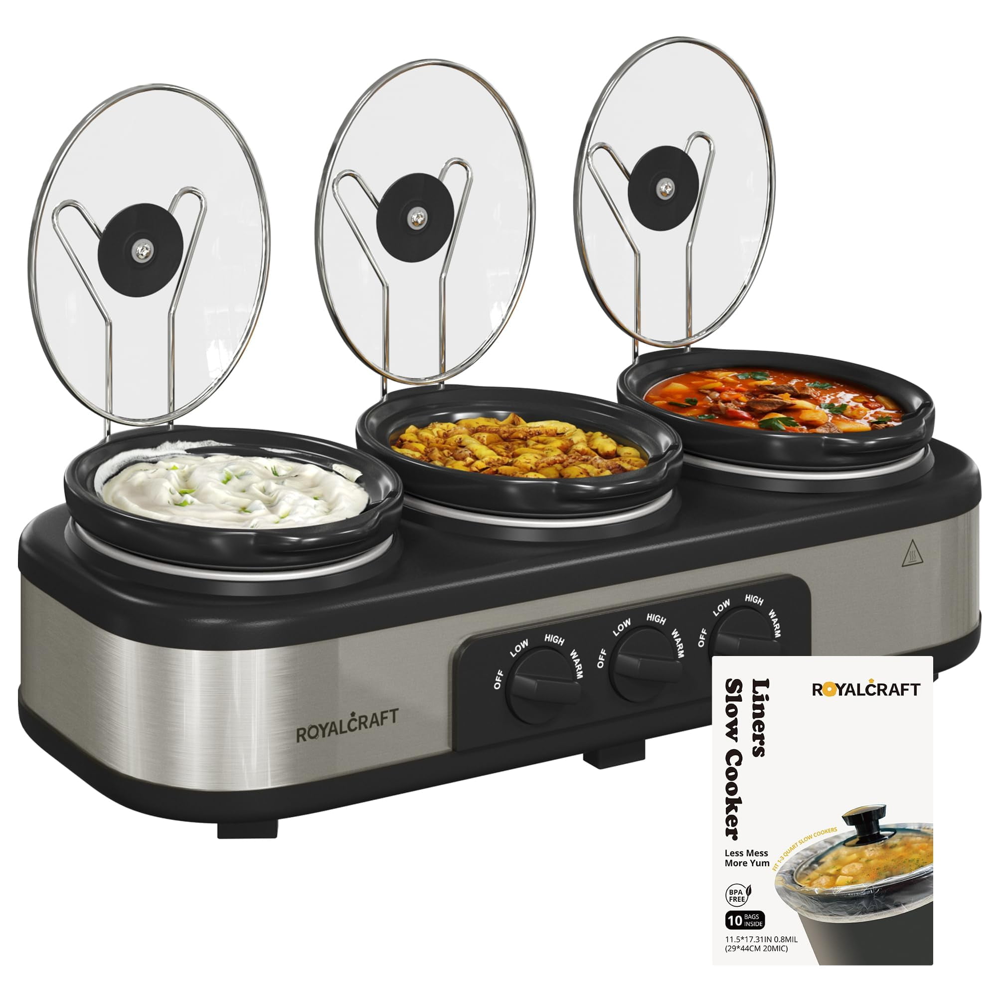 Sunvivi Slow Cooker with 10 Cooking Liners, Triple Slow Cooker Buffet ...