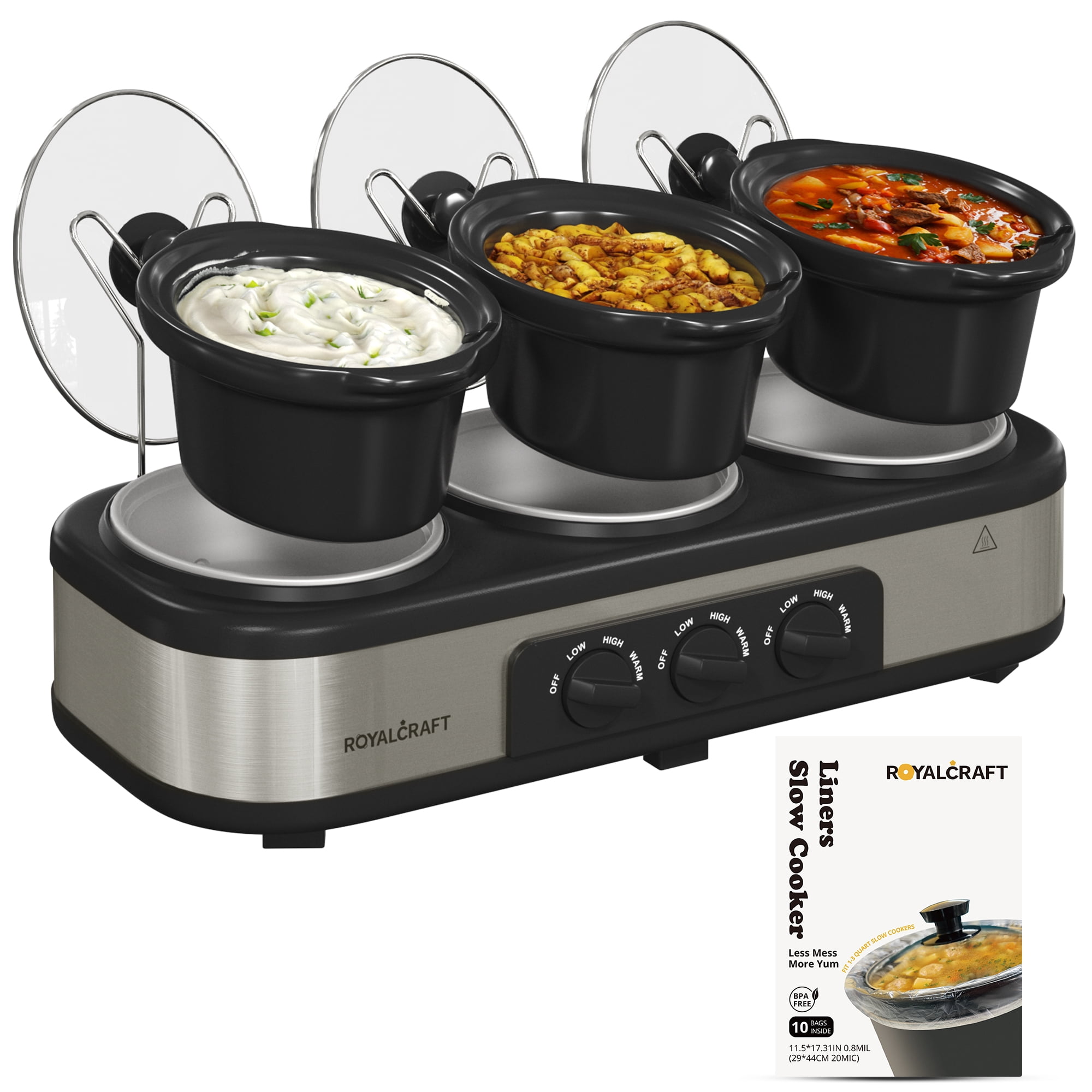 Sunvivi Slow Cooker with 10 Cooking Liners, 3 Pot 1.5 Quart Oval Crock ...