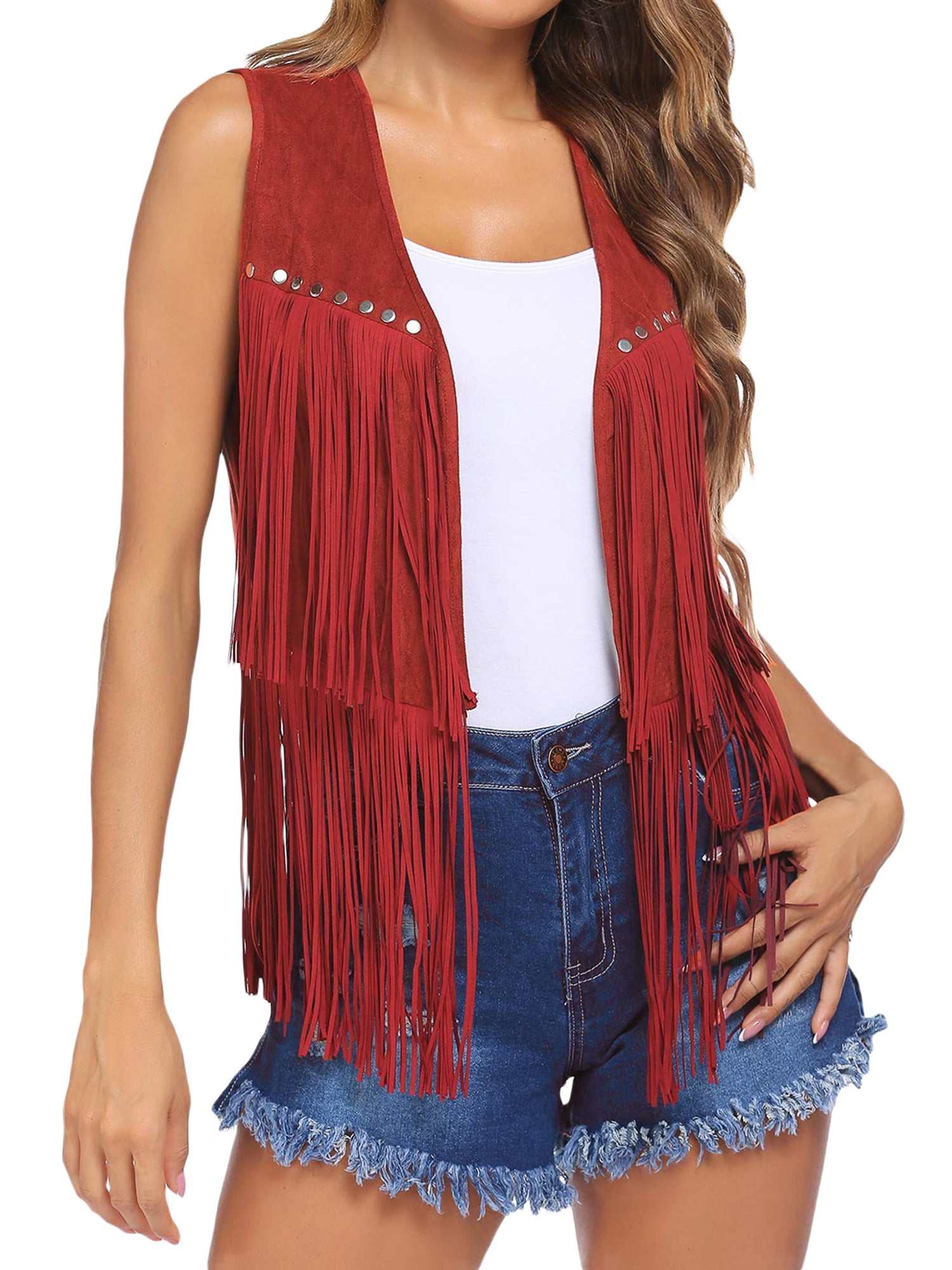 Sunwanar Fringe Vest Women Faux Suede Open-Front Vintage Vest Sleeveless 70s Hippie Clothes Boho ...