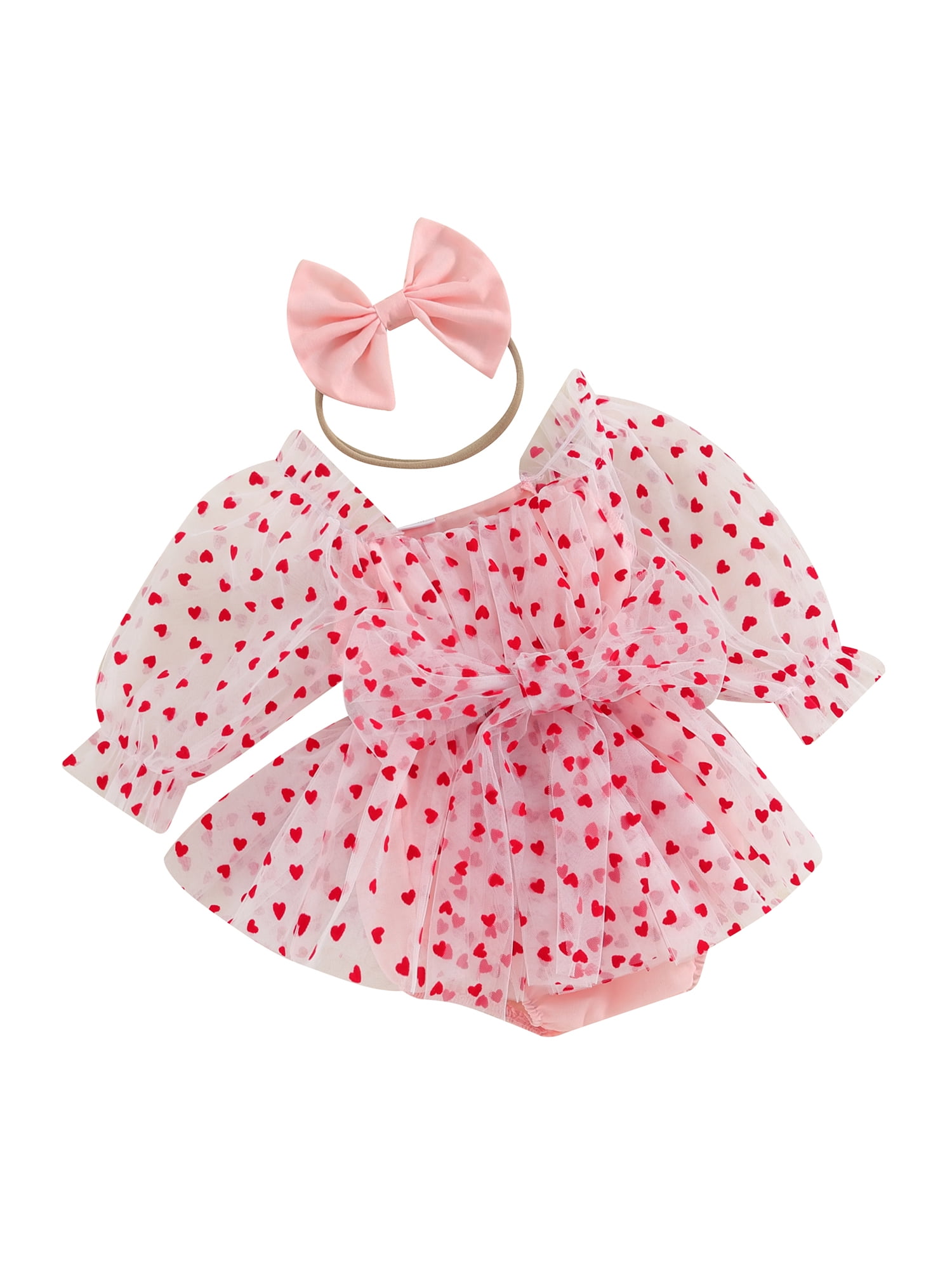 Sunwanar Infant Baby Girls Valentine's Day Romper Dress Heart Print Long Puff Sleeve Mesh Tulle ...