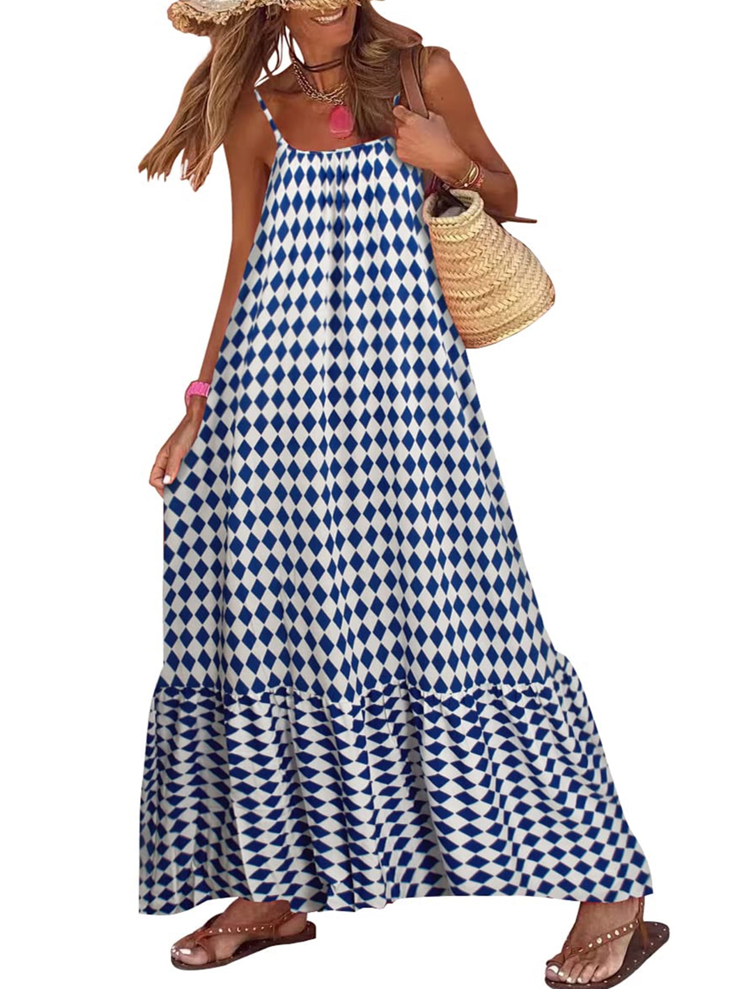 Sunwanar Women Boho Sleeveless Dress Print Summer Loose Spaghetti Strap ...