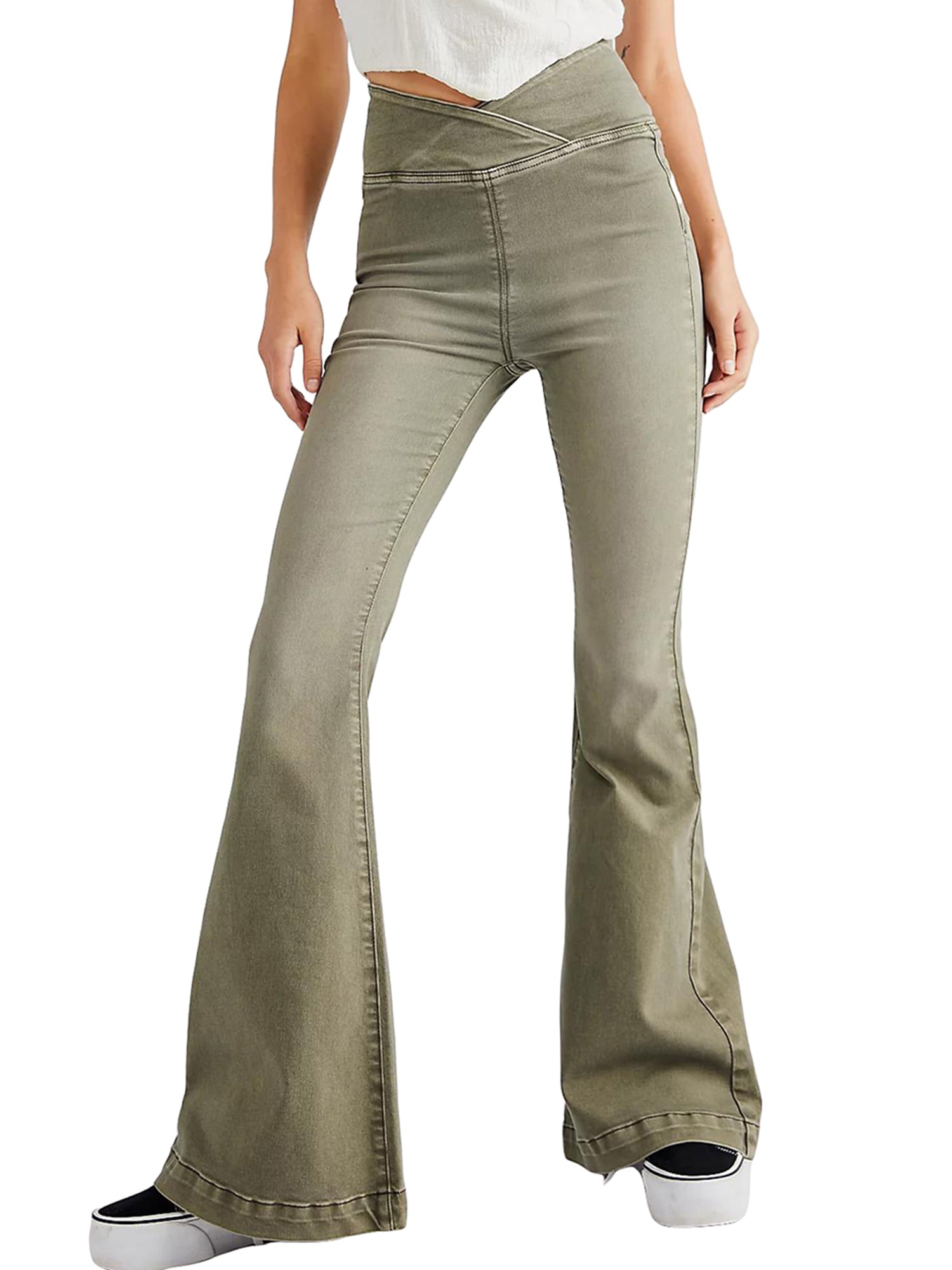 Sunwanar Women Flared Jeans Crossover High Waist Bell Bottoms Stretch ...