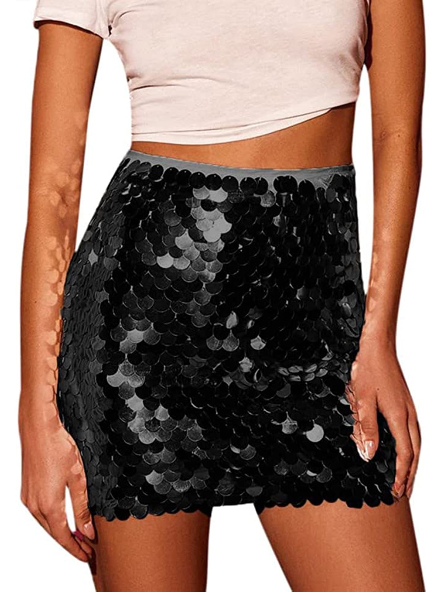 Sunwanar Women Glitter Mini Skirt, High Waist Disco Sequin Club Skirt ...