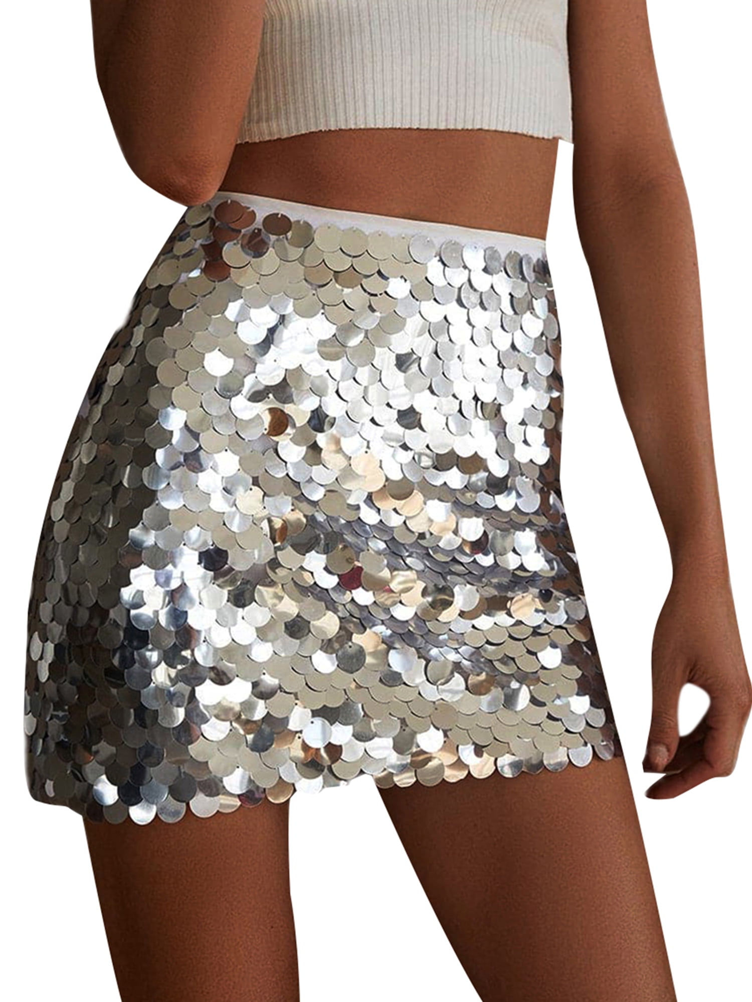Sunwanar Women Glitter Mini Skirt, High Waist Disco Sequin Club Skirt Stage Performance Clothes ...