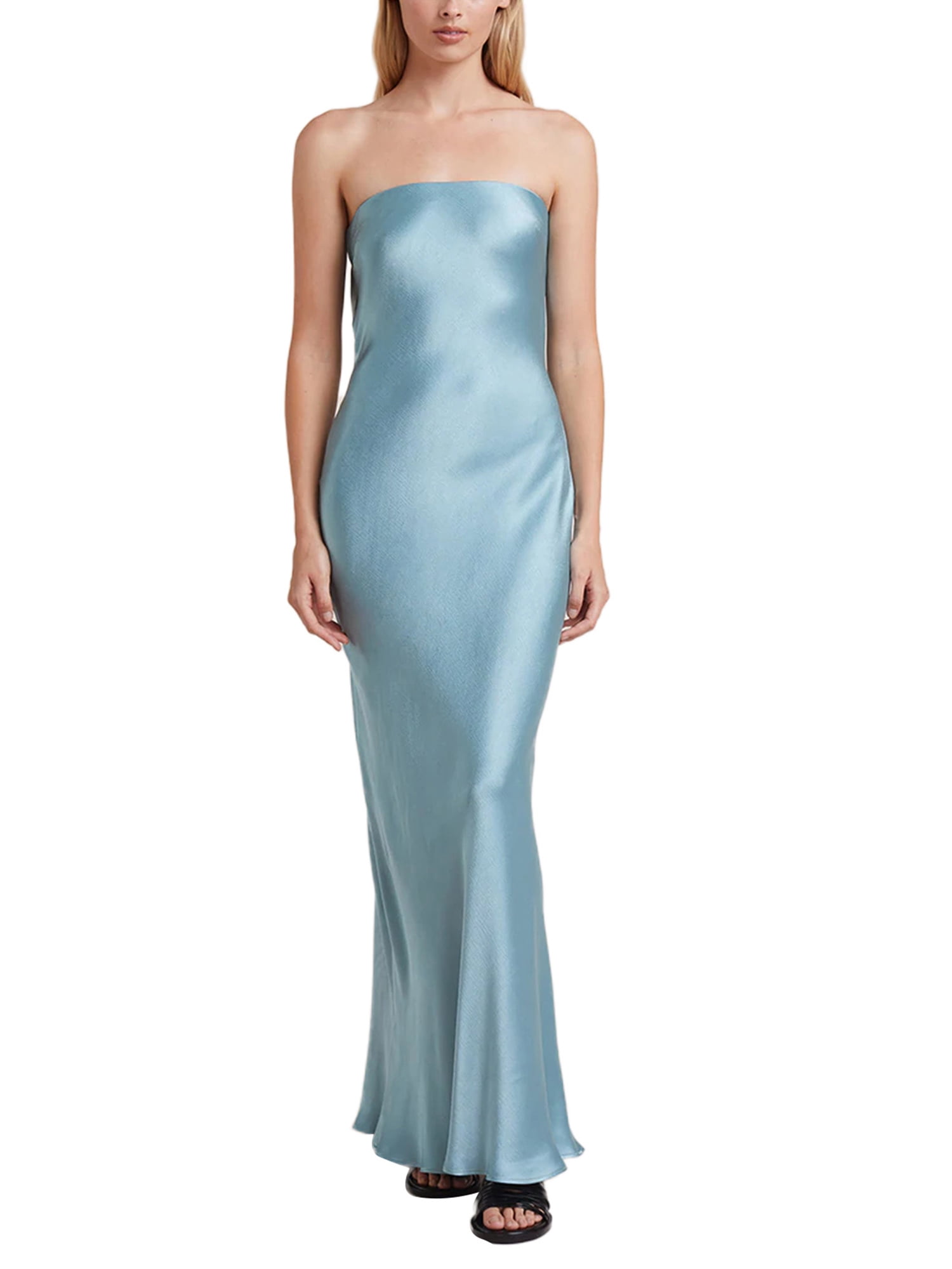 Sunwanar Women Strapless Satin Tube Dress Bodycon Wedding Guest Evening ...