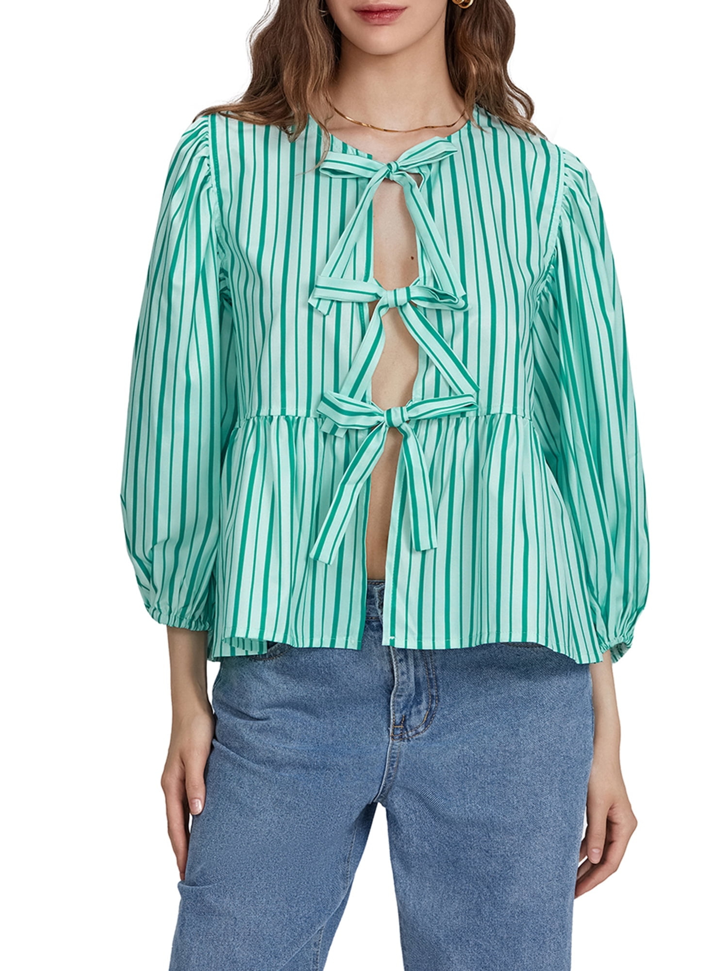 Sunwanar Women Y2k Puff Sleeve Peplum Shirts Bow Tie Front Blouse ...