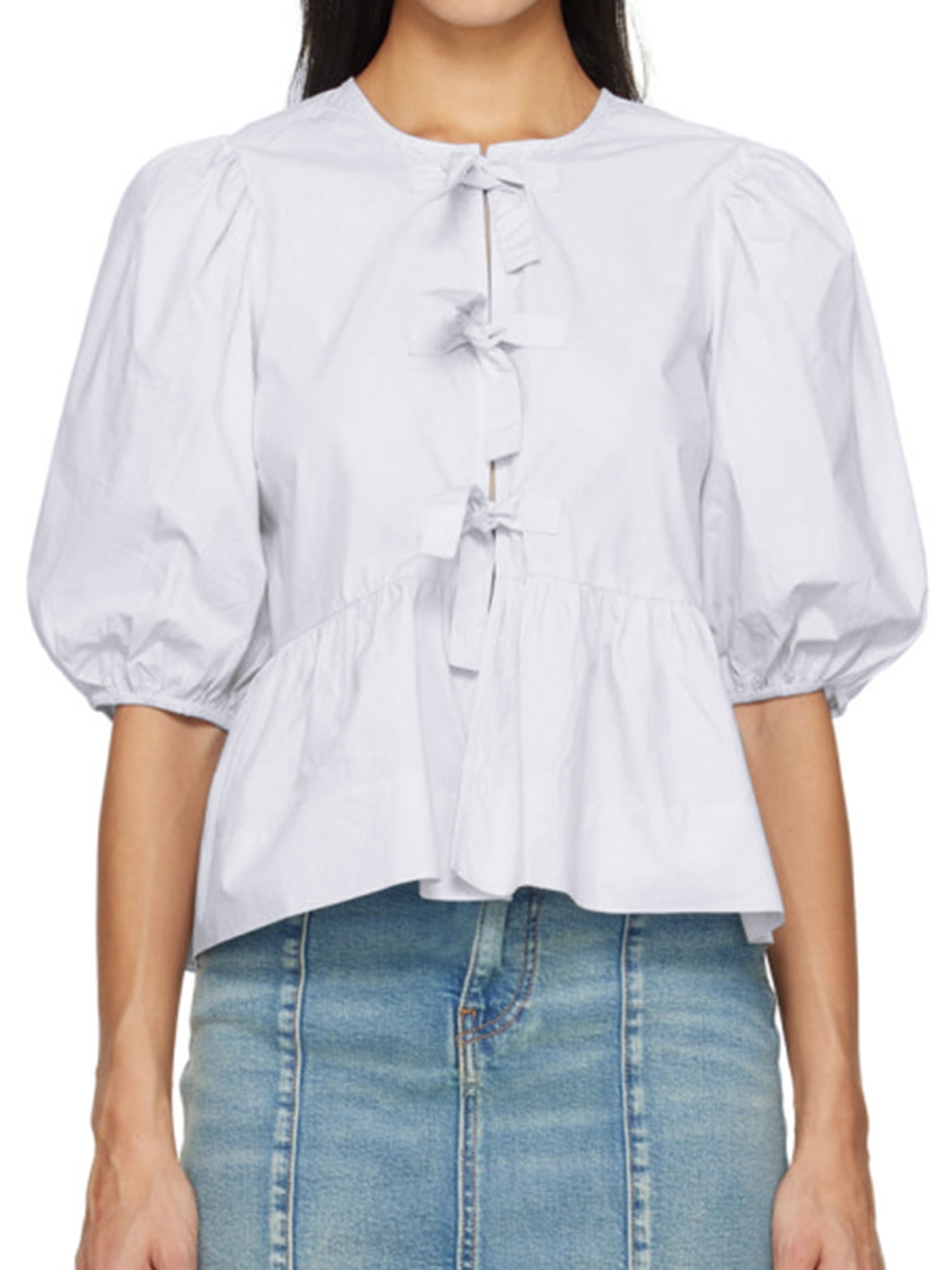 Sunwanar Women Y2k Puff Sleeve Peplum Shirts Bow Tie Front Blouse ...