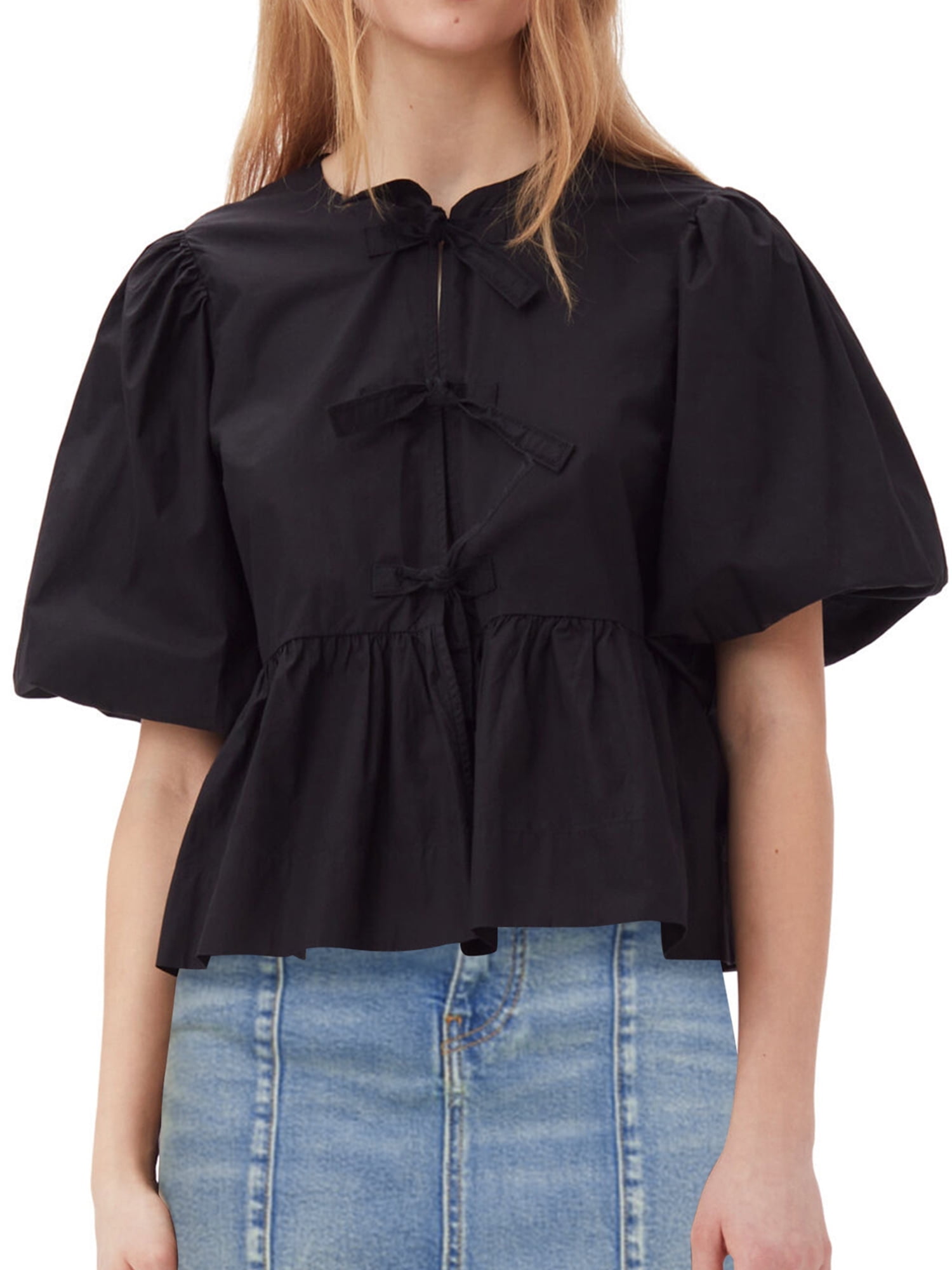 Sunwanar Women Y2k Puff Sleeve Peplum Shirts Bow Tie Front Blouse ...