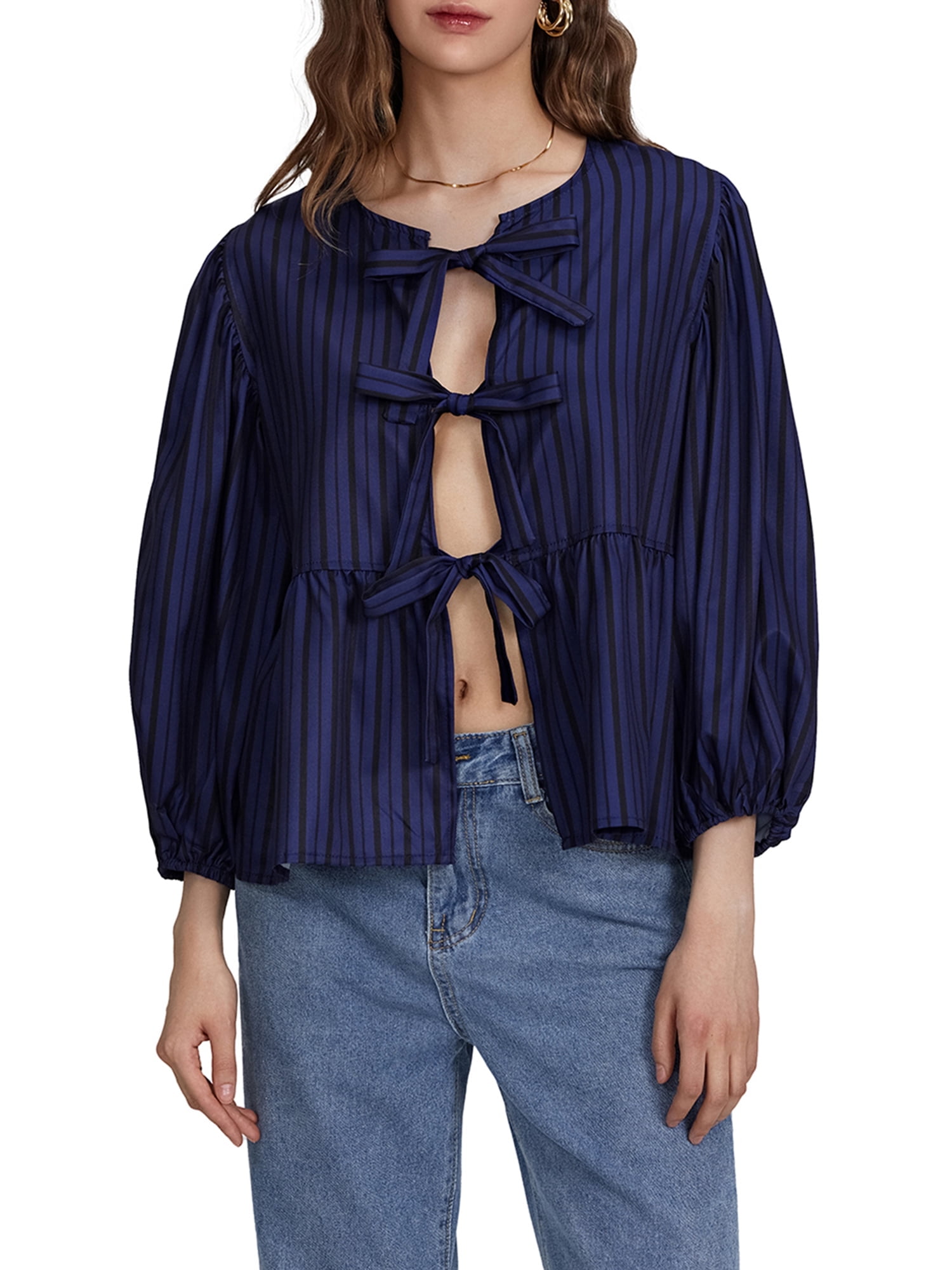 Sunwanar Women Y2k Puff Sleeve Peplum Shirts Bow Tie Front Blouse ...