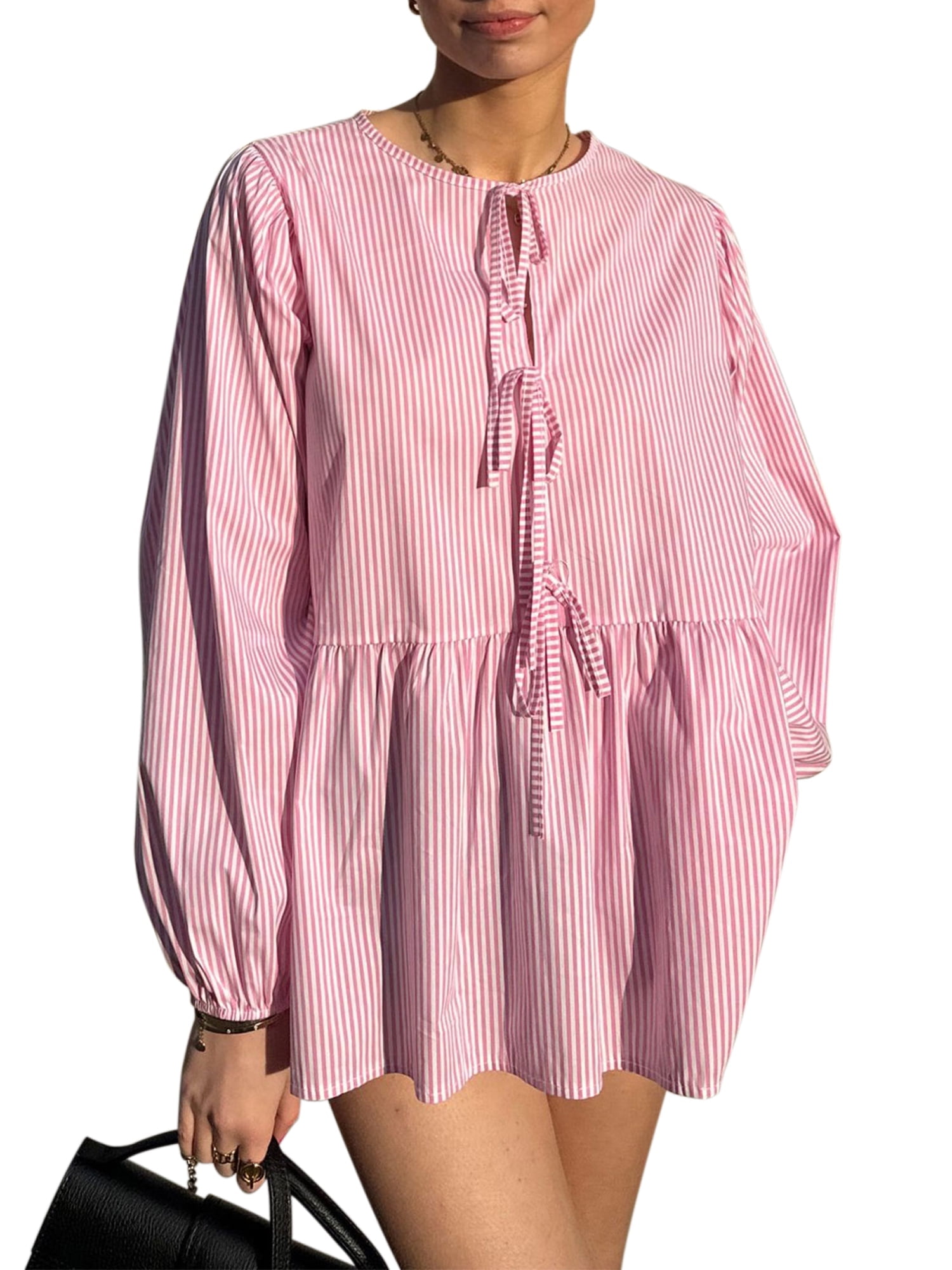 Sunwanar Women Y2k Puff Sleeve Peplum Shirts Bow Tie Front Blouse ...