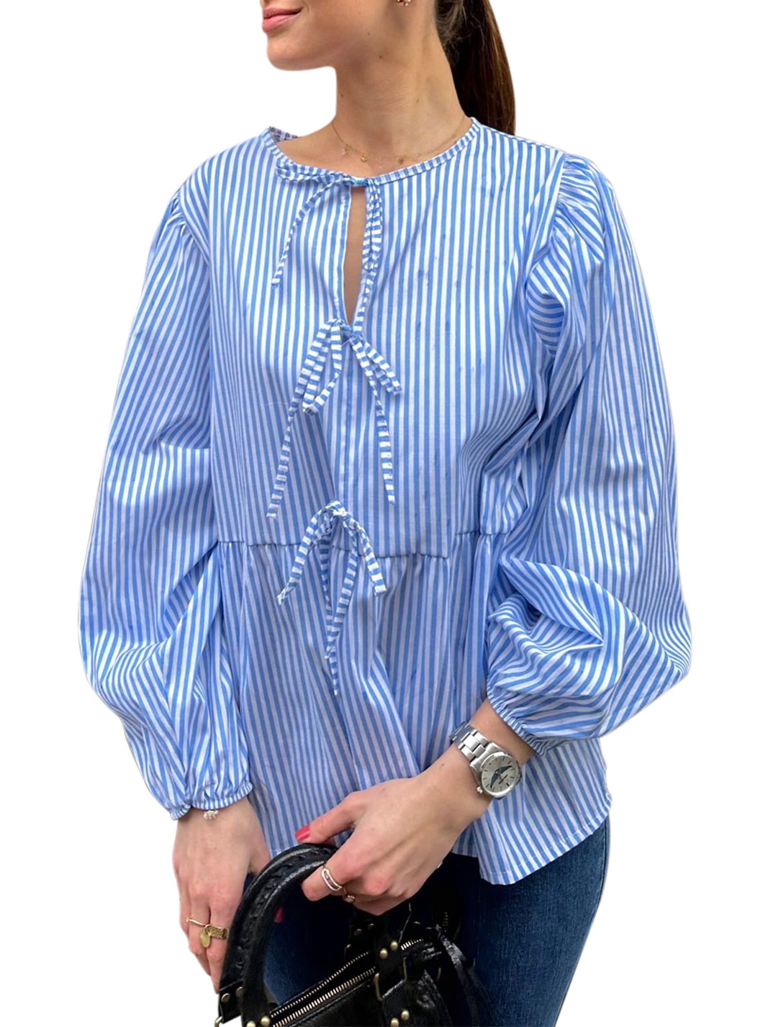 Sunwanar Women Y2k Puff Sleeve Peplum Shirts Bow Tie Front Blouse ...