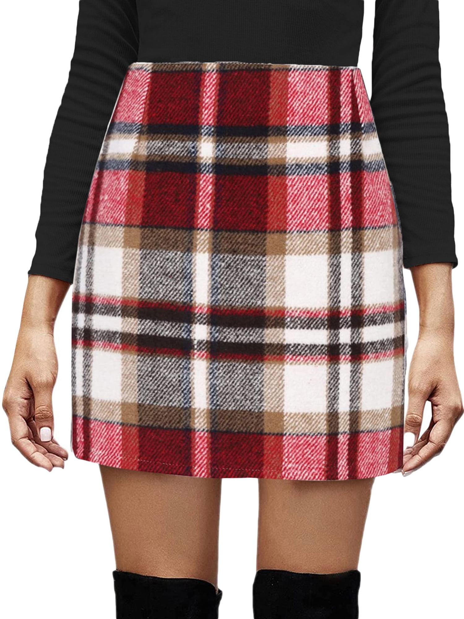 Sunwanar Women's Bodycon Mini Skirt Classic Plaid Print High Waist Zip ...