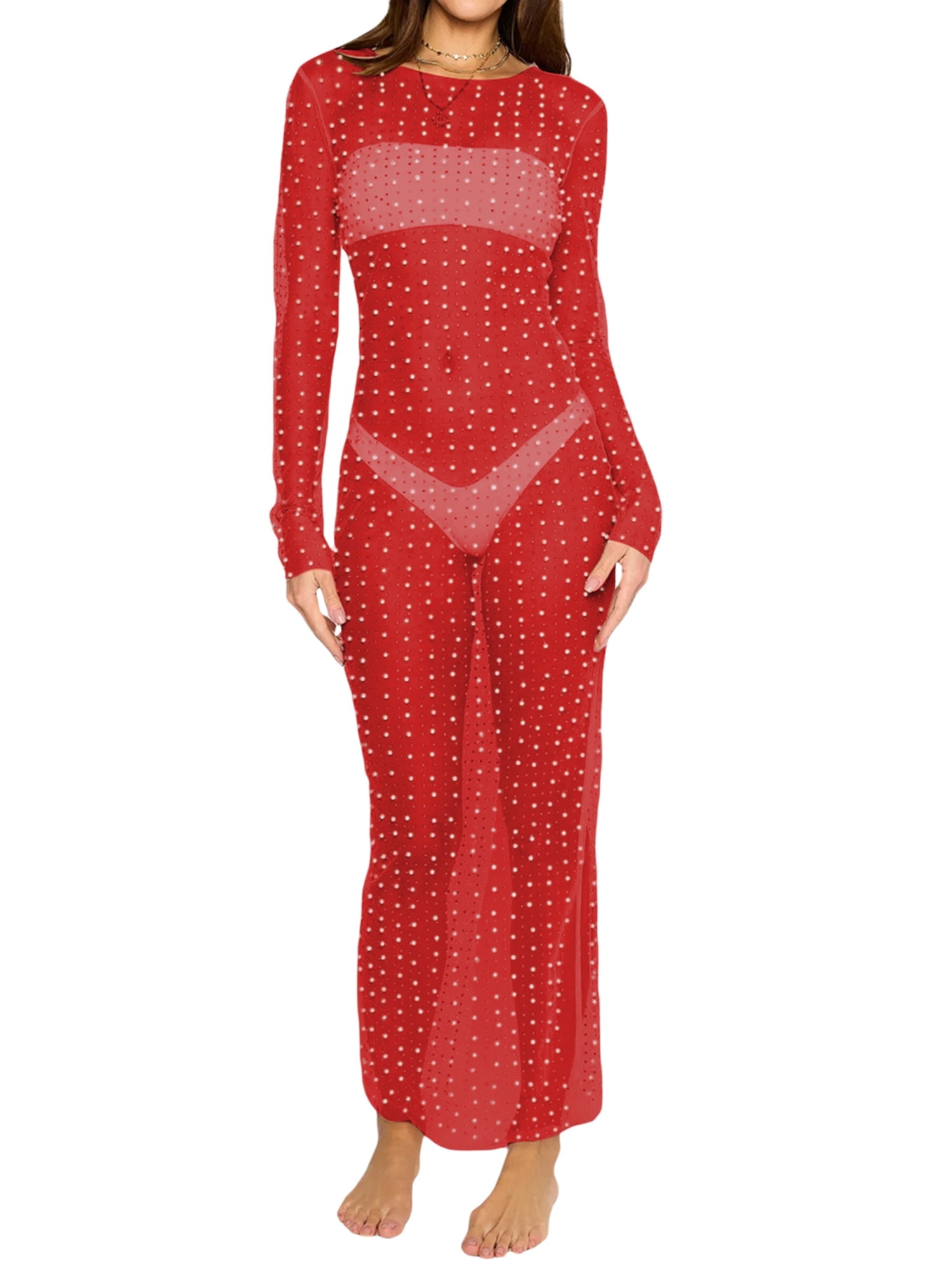 Sunwanar Women's Sheer Mesh Beach Bikni Swimsuit Cover Up Dress with ...