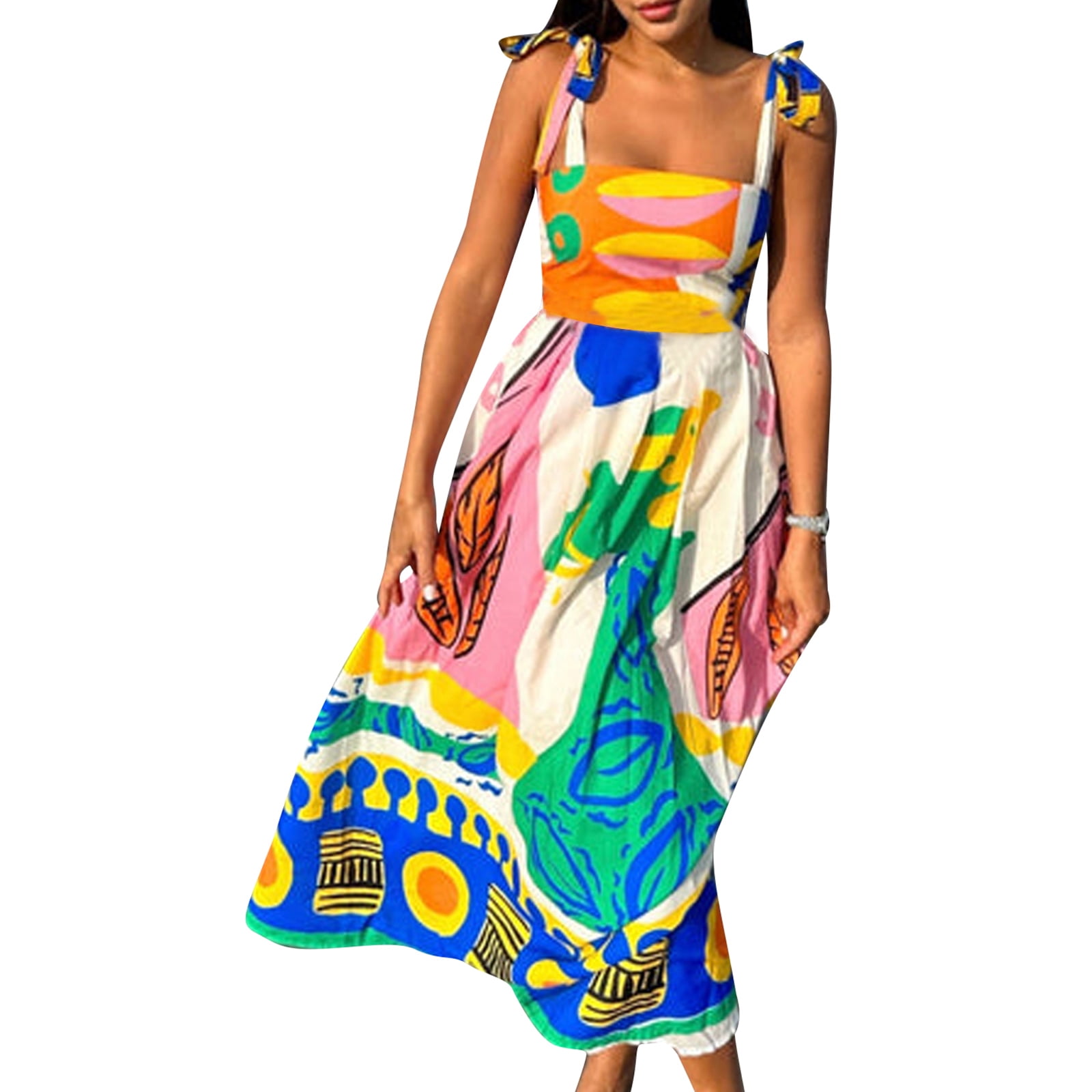 Sunwanar Women's Summer Bohemia Dress Sleeveless Tie Shoulder Strap ...