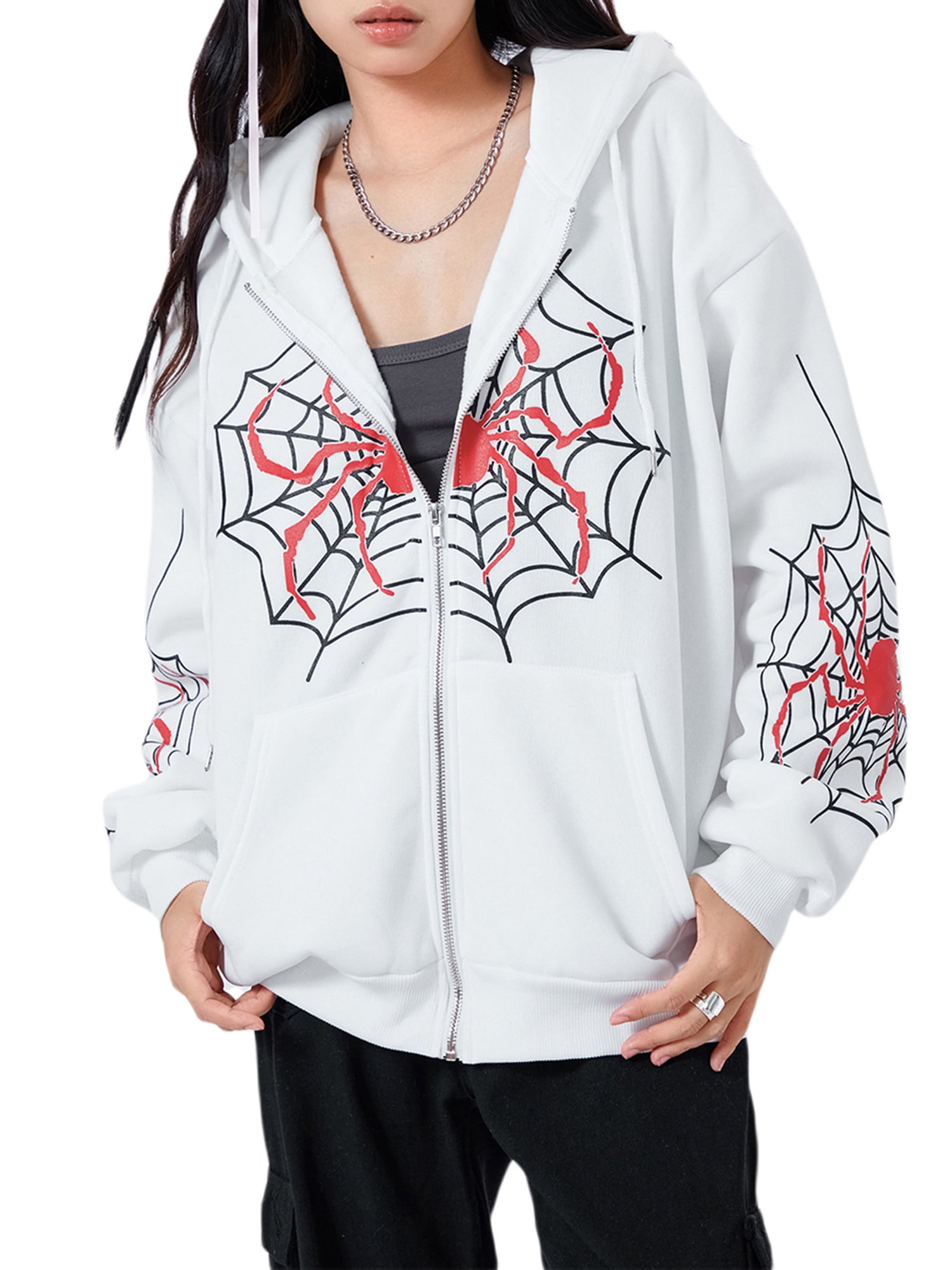 Sunwanar Womens Halloween Casual Hooded Coat Long Sleeve Spider Web ...