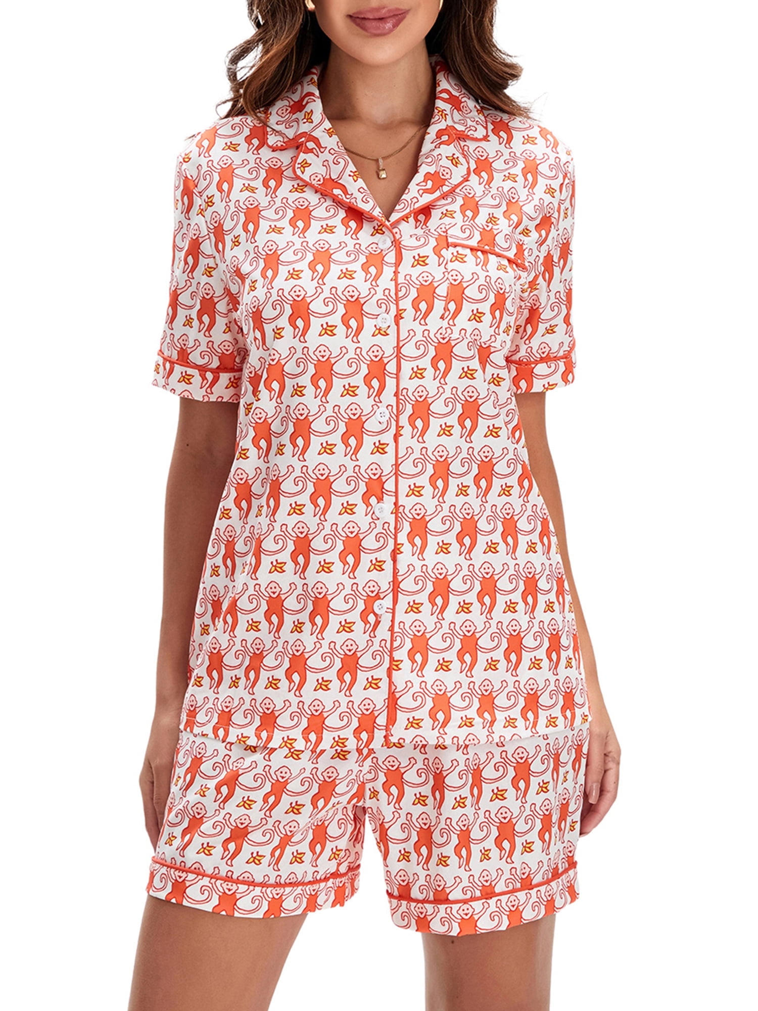 Sunwanar Womens Rabbit Monkey Print 2 Piece Pajamas Y2k Preppy Short Sleeve Shirt Shorts Two ...