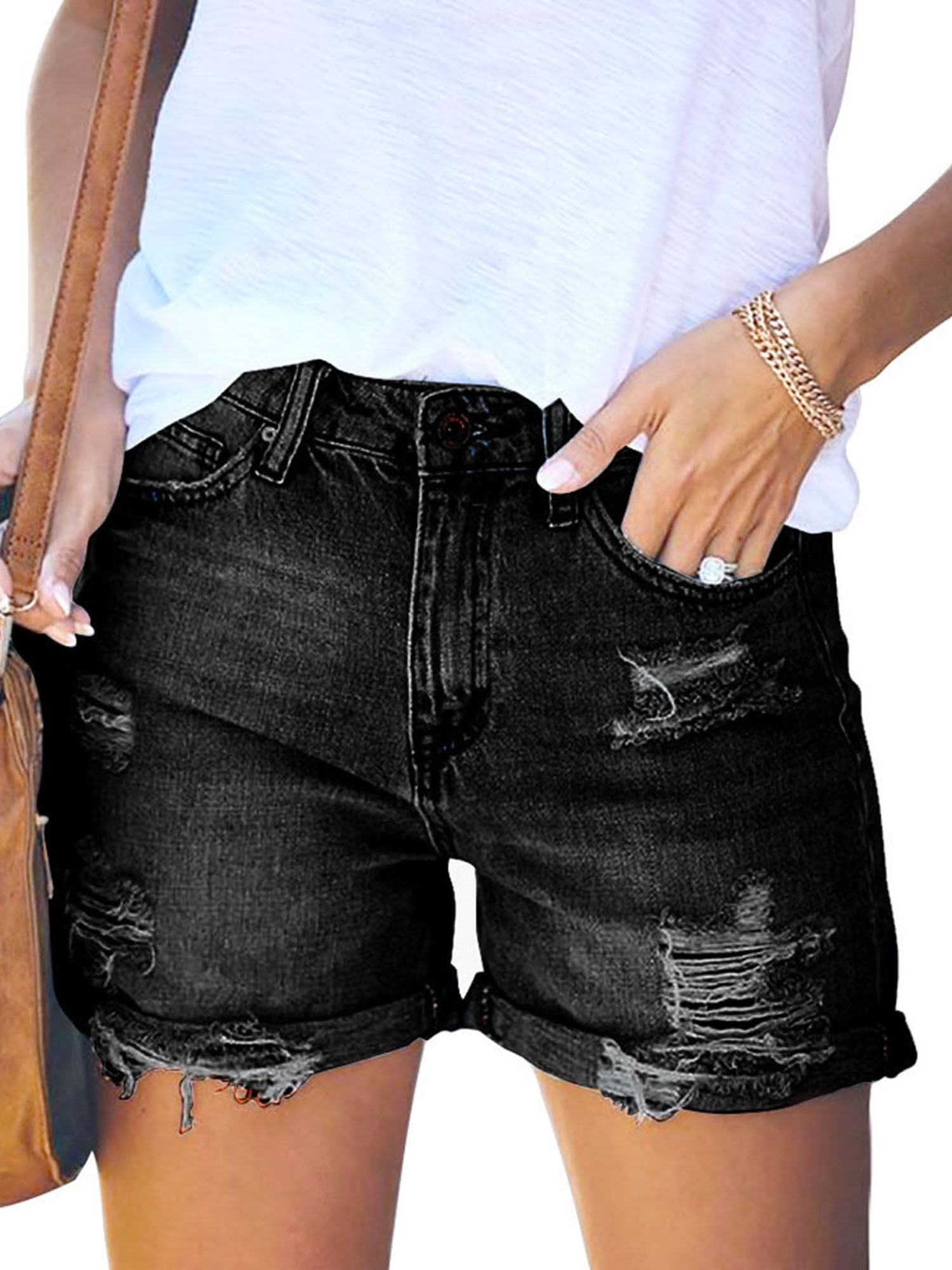 Sunwanar Womens Ripped Denim Shorts Retro Distress Low Waist Short ...