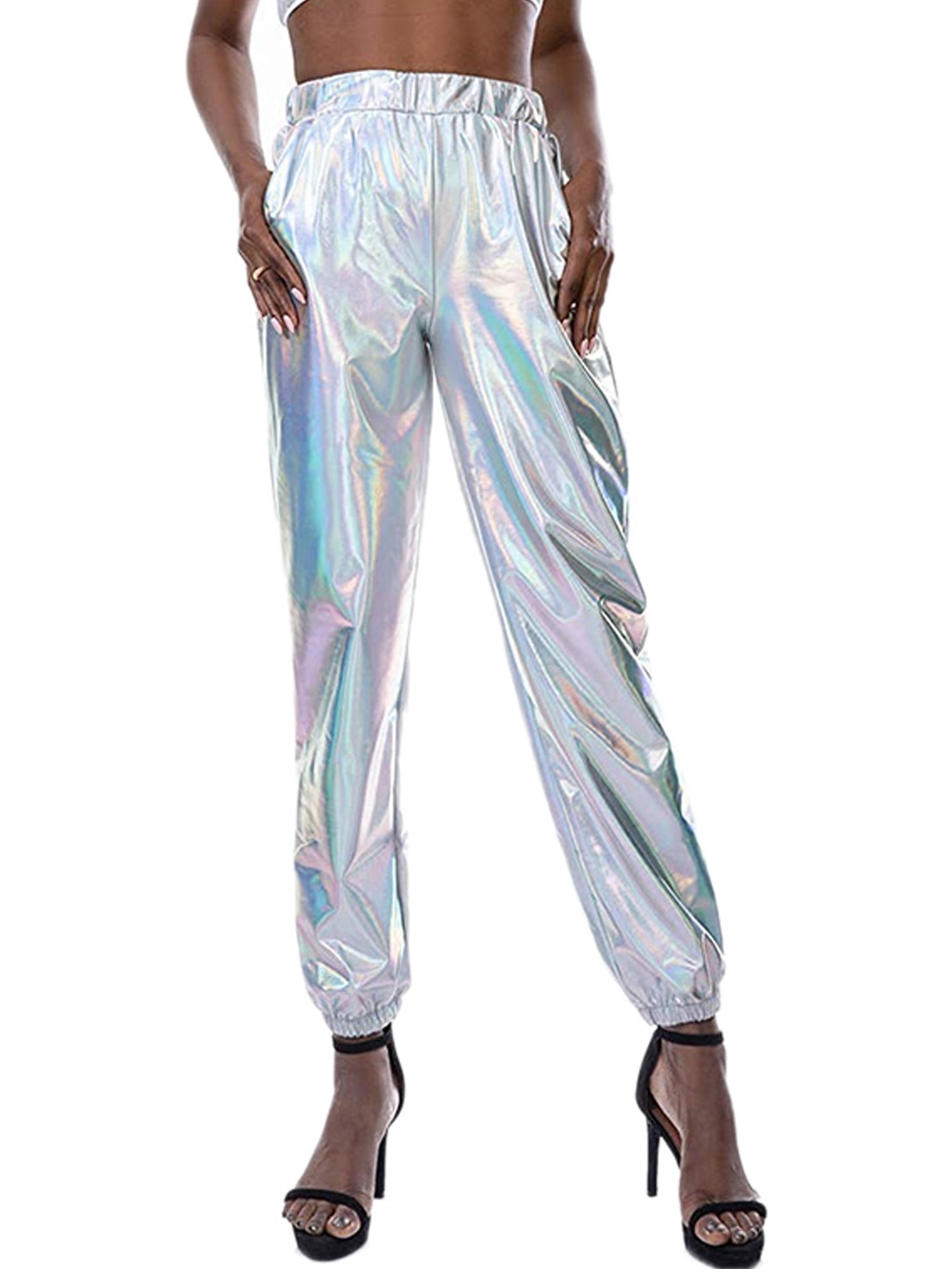 Sunwanar Womens Shiny Metallic High Waist Joggers Sweatpants Wet Look ...