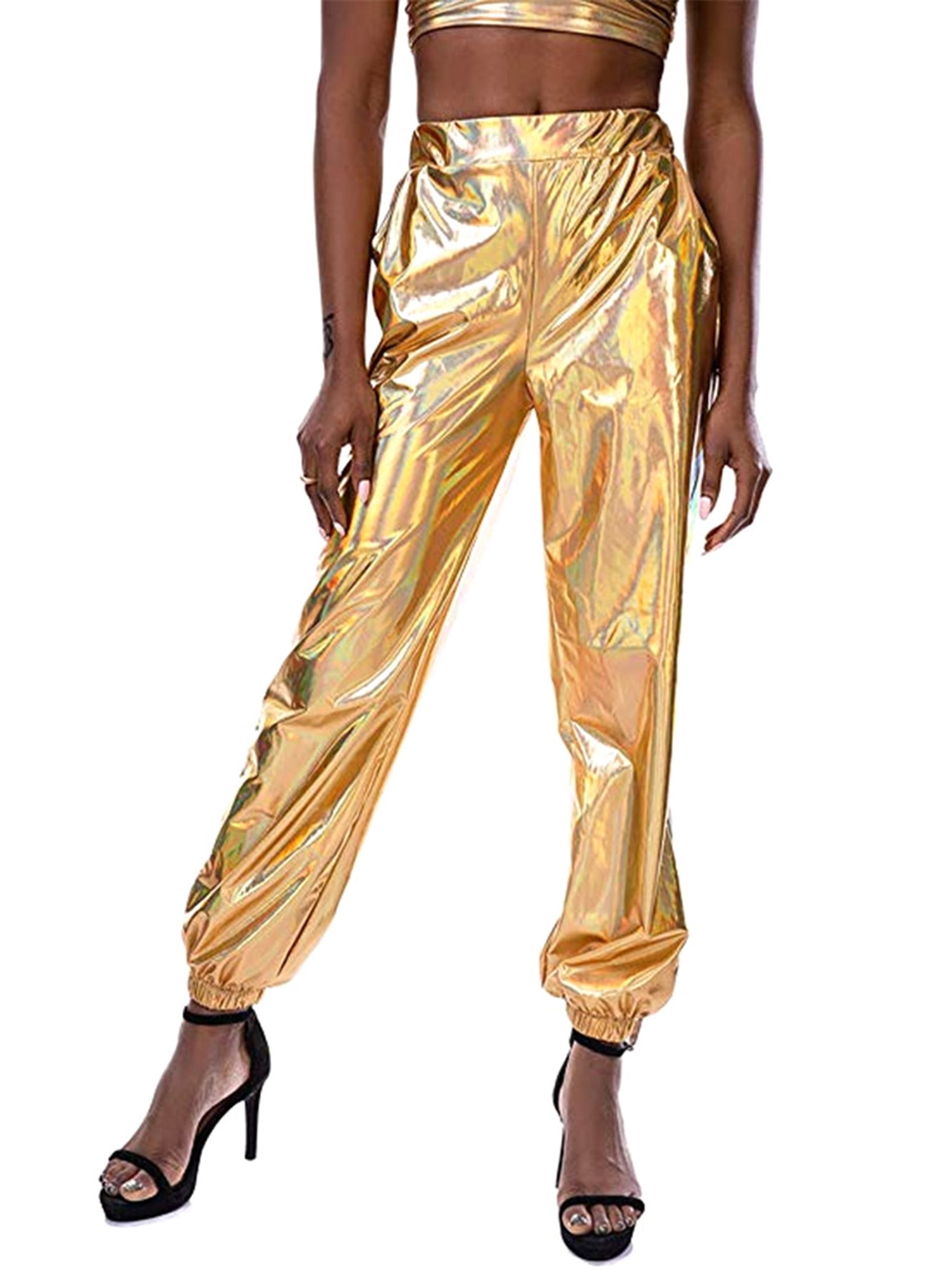 Sunwanar Womens Shiny Metallic High Waist Joggers Sweatpants Wet Look ...