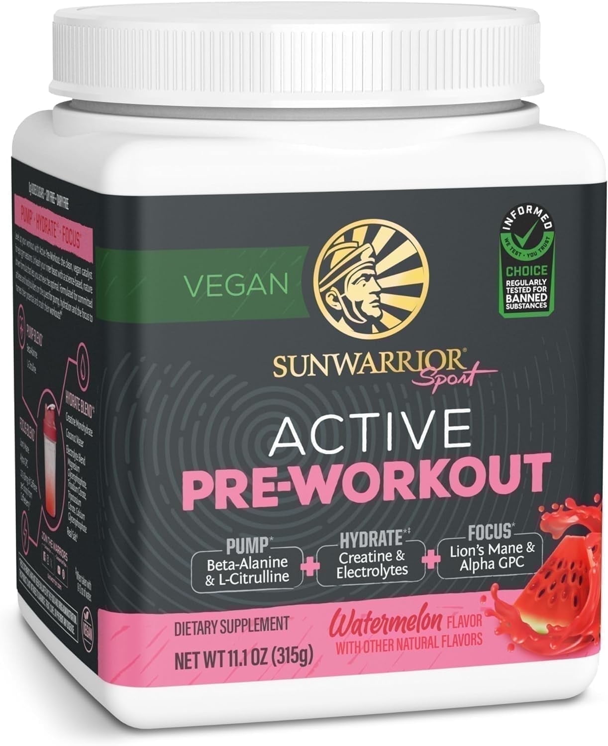 Sunwarrior Active Pre-Workout Powder for Men & Women, Watermelon, 315g ...