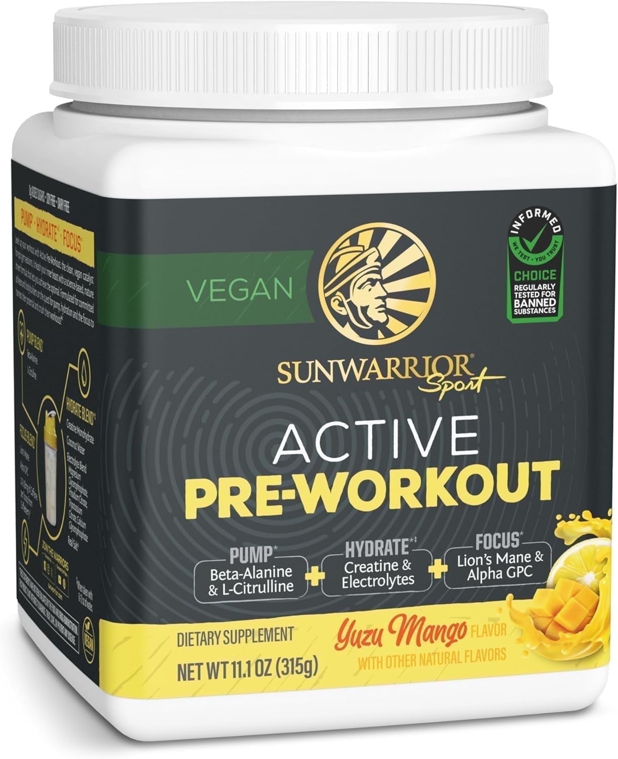 Sunwarrior Active Pre-Workout Powder for Men & Women, Yuzu Mango, 315g ...
