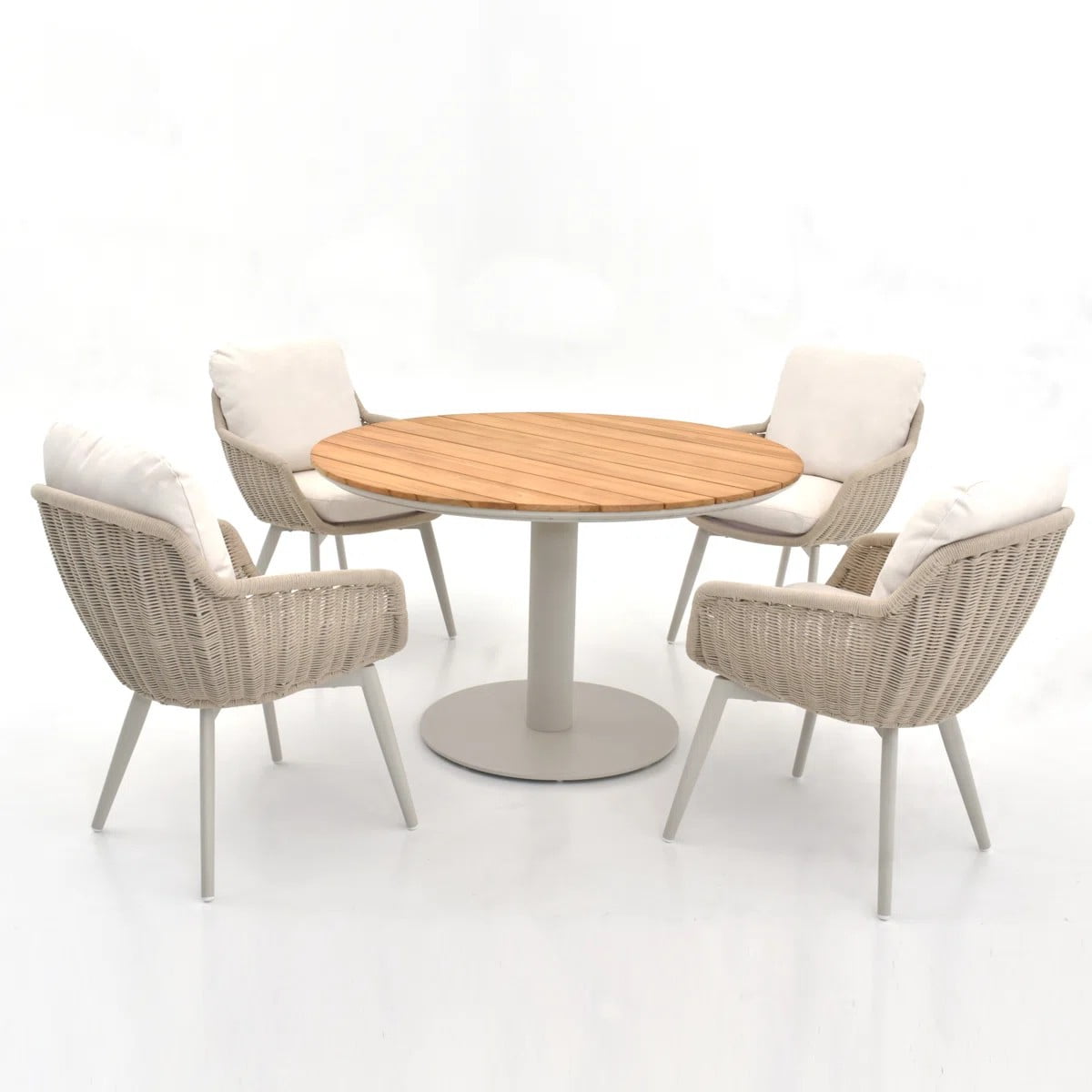 Sunwashed 5-Pc Dining Ensemble: Round Wood-Slab Table w/ Pearl-White ...