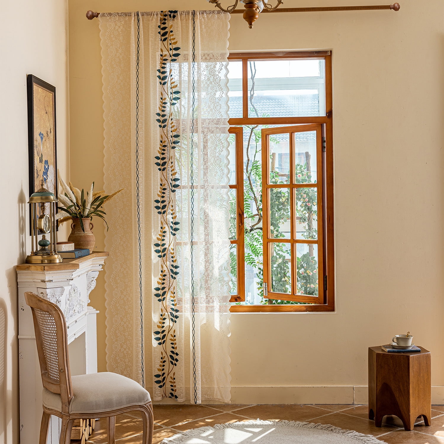 Sunyuer 2 Panels French Curtains Lace Gauze for Living Room Retro Wavy ...